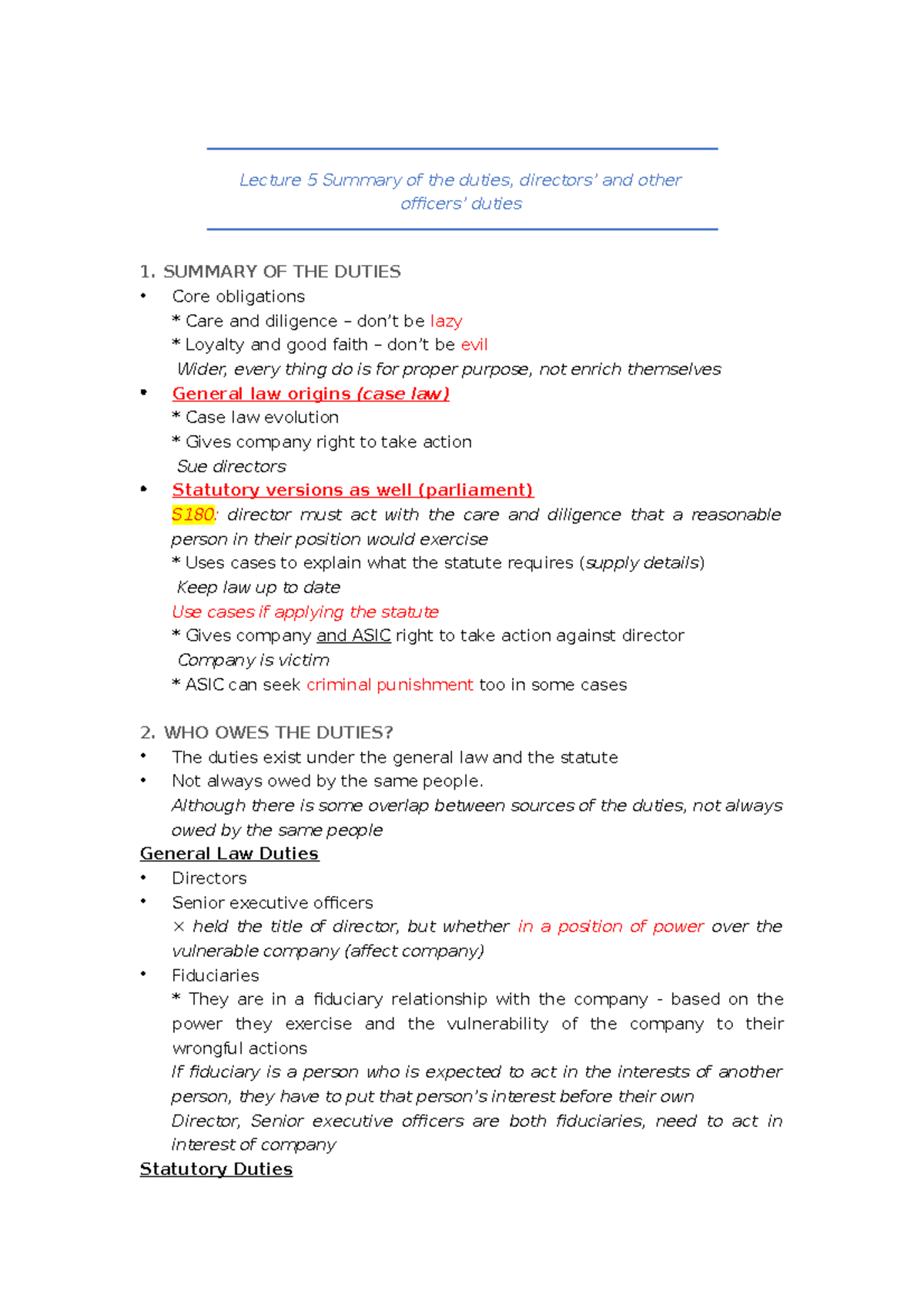 BLAW20001 Lecture note Lec5 - Lecture 5 Summary of the duties ...