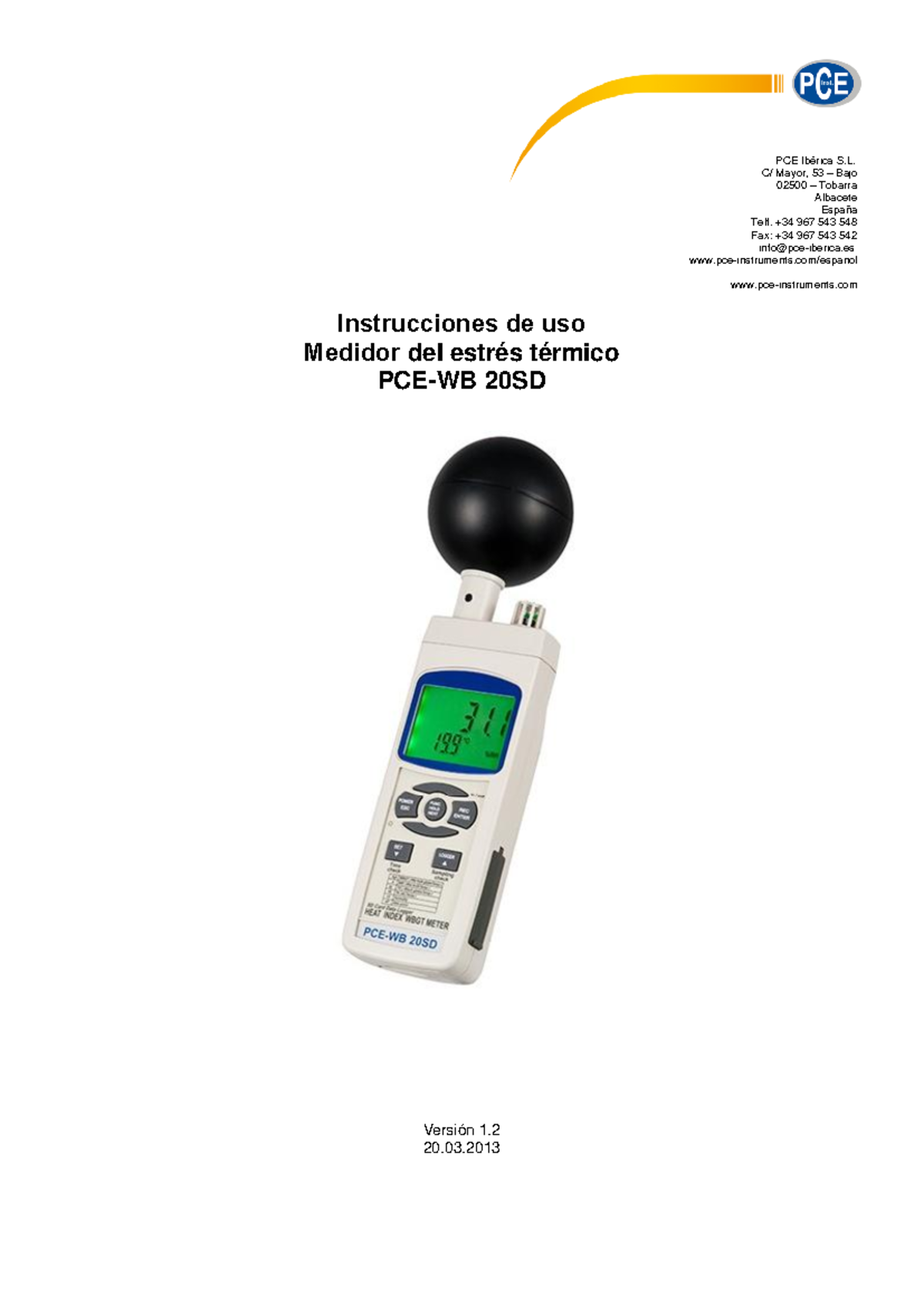 Manual medidor estres termico pce wb 20sd - Instrucciones de uso Medidor del estrés térmico PCE ...