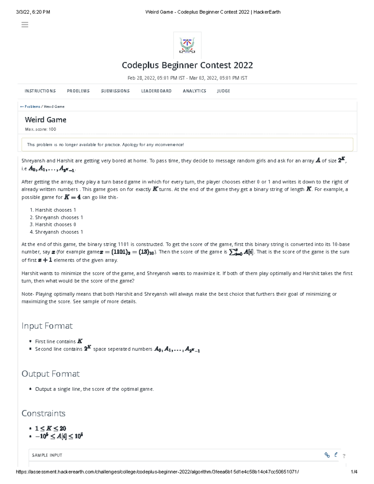 Weird Game P3 Codeplus Beginner Contest 2022 Hacker Earth Codeplus Beginner Contest 2022