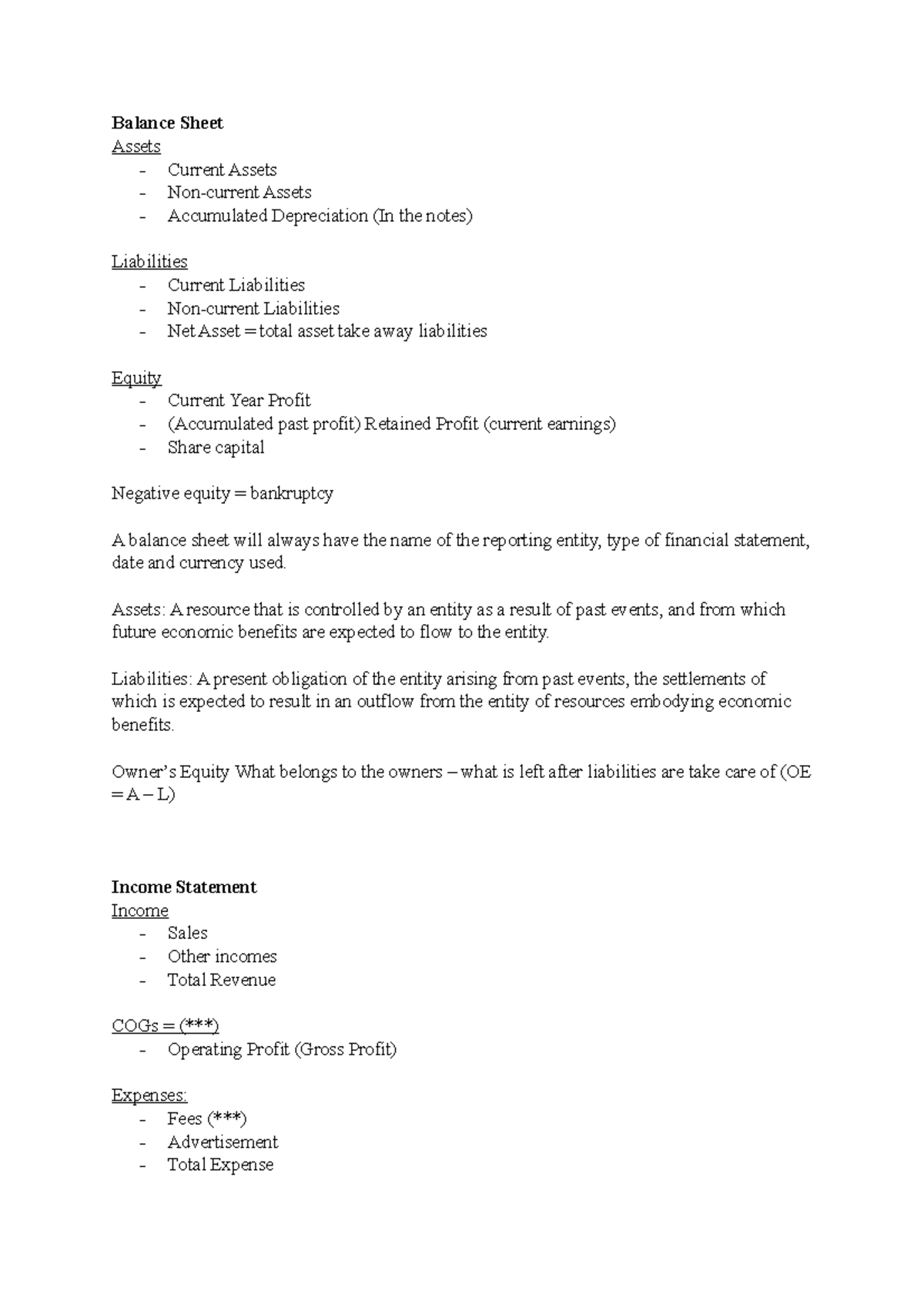 Lecture 2 Notes - Balance Sheet Assets - Current Assets - Non-current ...