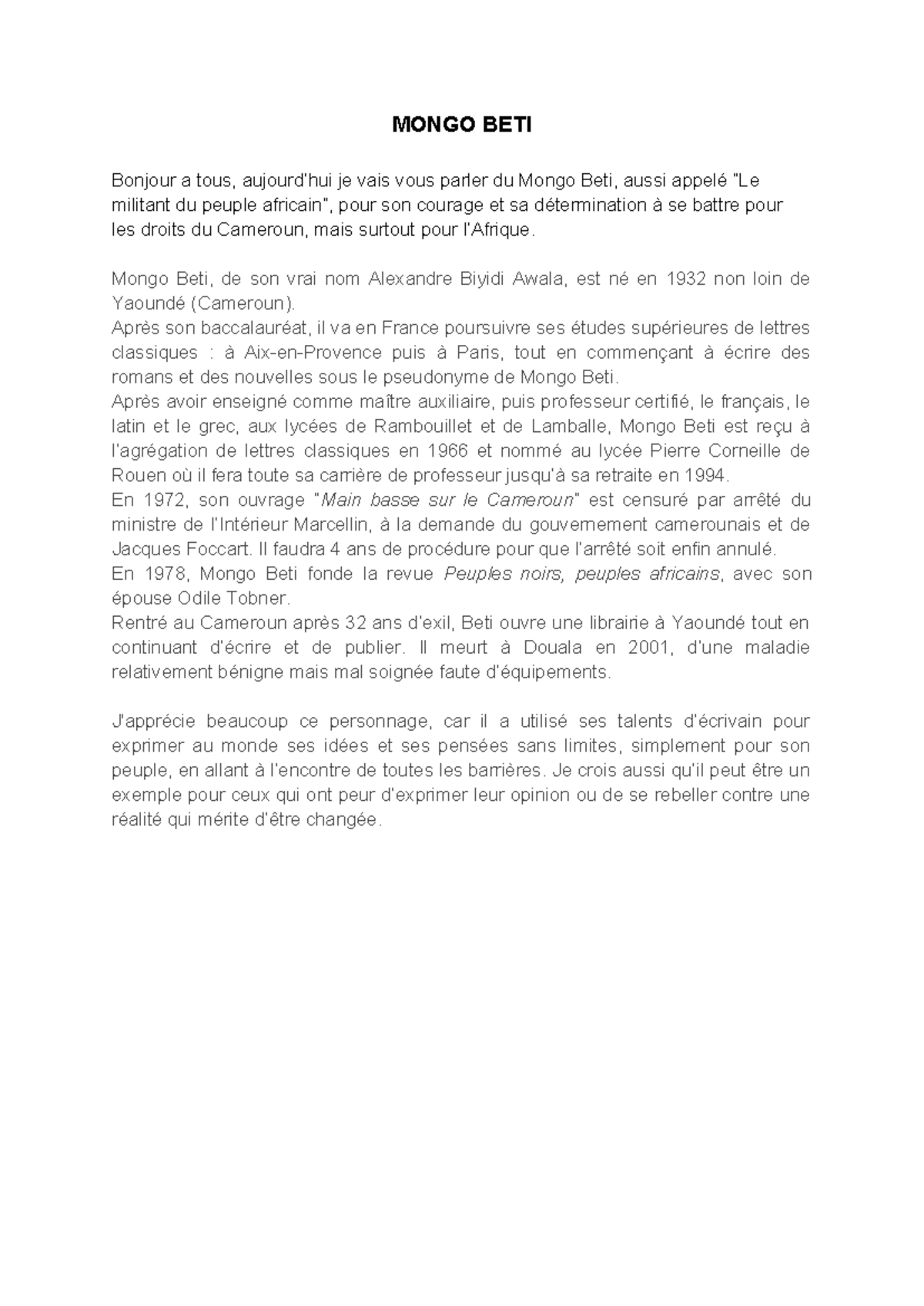 Mongo Beti - Mongo Beti, de son vrai nom Alexandre Biyidi Awala, est né ...