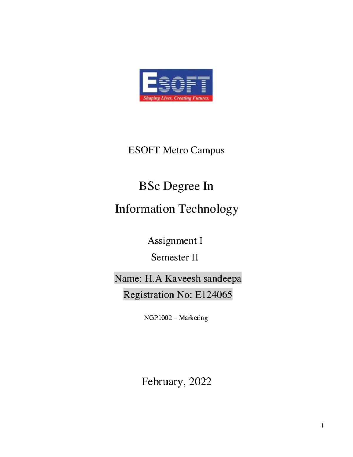 Assignment 1 - sadadaddasdasdadadasd - ESOFT Metro Campus BSc Degree In ...