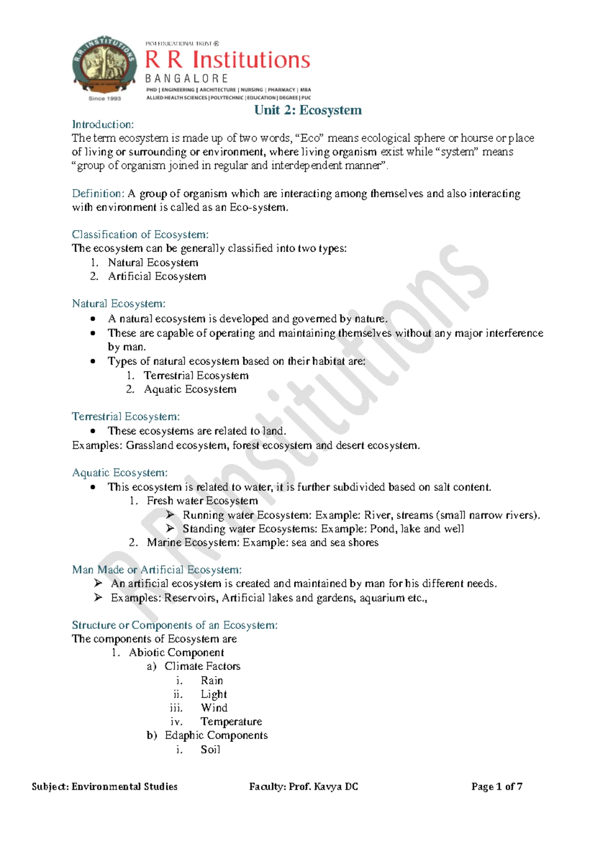 Unit 1 EVS - Lecture notes 1 - Unit 1 Introduction to Environmental ...