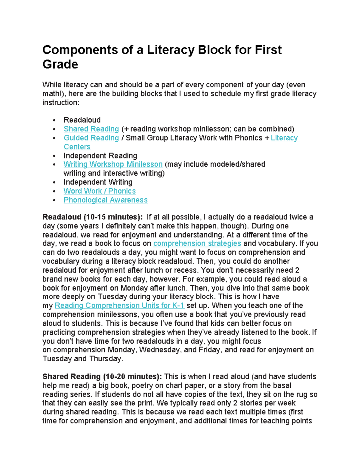Components of a Literacy Block for First Grade - Components of a ...