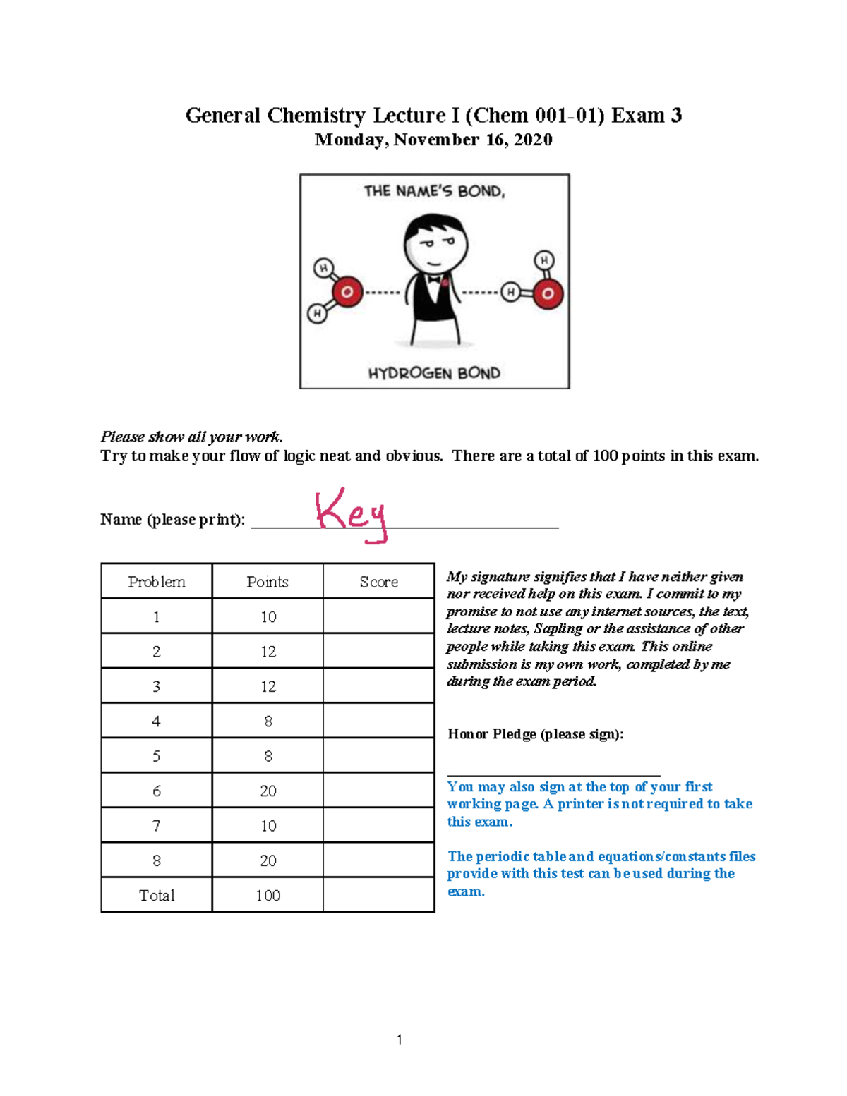 2020 Exam 3 001 Answer Key - General Chemistry Lecture I (Chem 001-01 ...