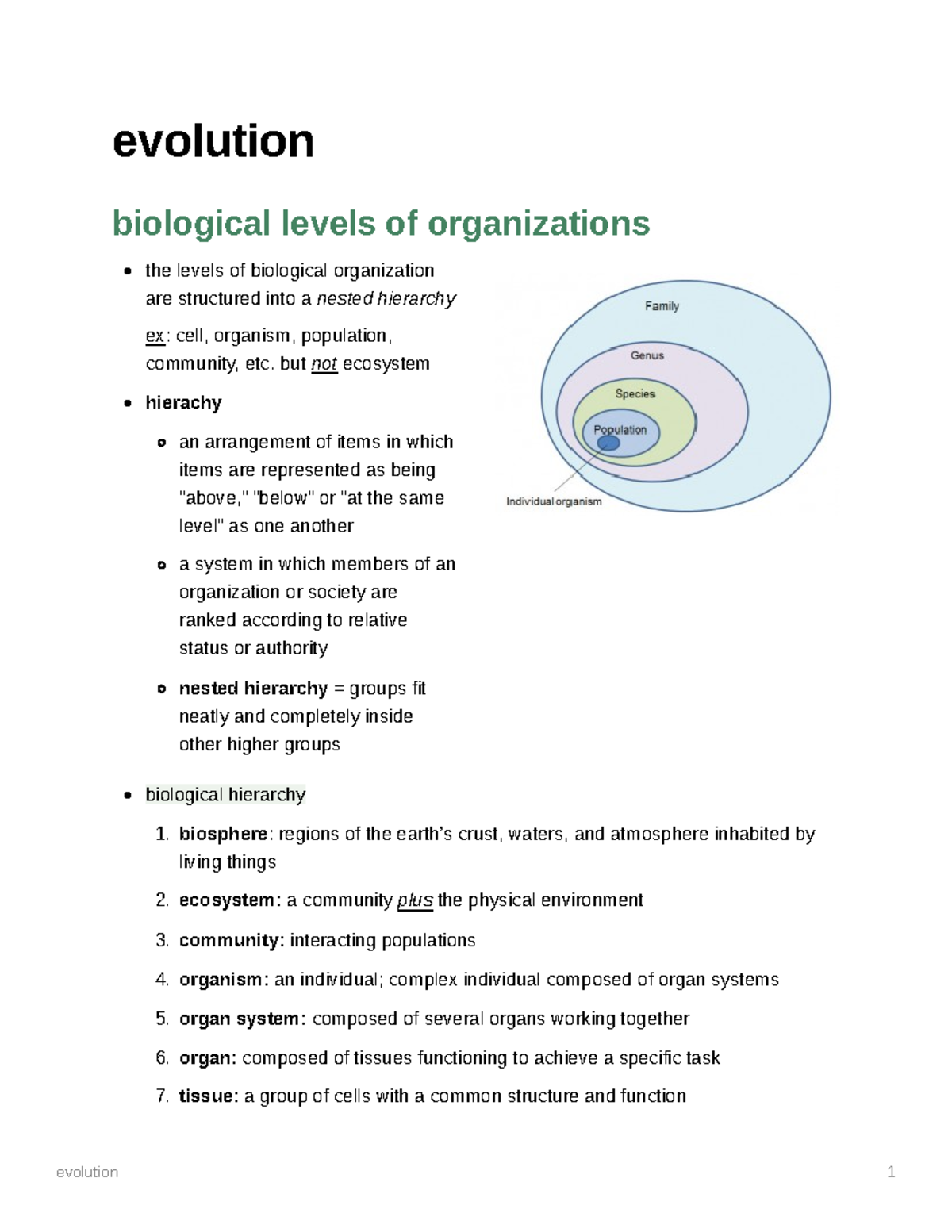 BIOL1070 Evolution Notes - evolution biological levels of organizations ...