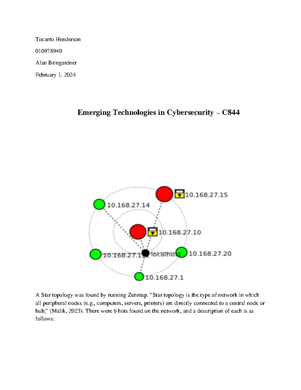 Task 1 NMAP and Wireshark - Tocarro Henderson 010978940 Alan Bringardner February 1. 2024 ...