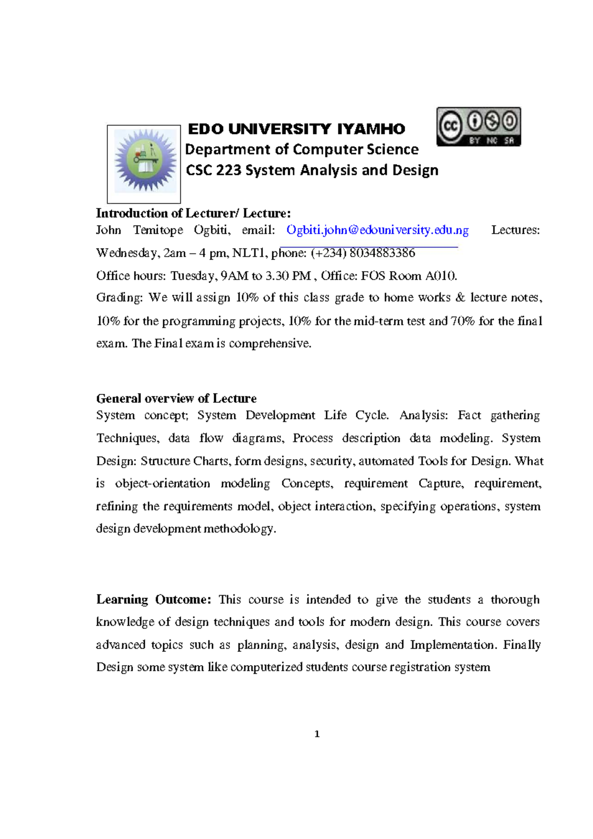 System Analysis And Design Lecture Note Compress Edo University Iyamho Department Of Computer