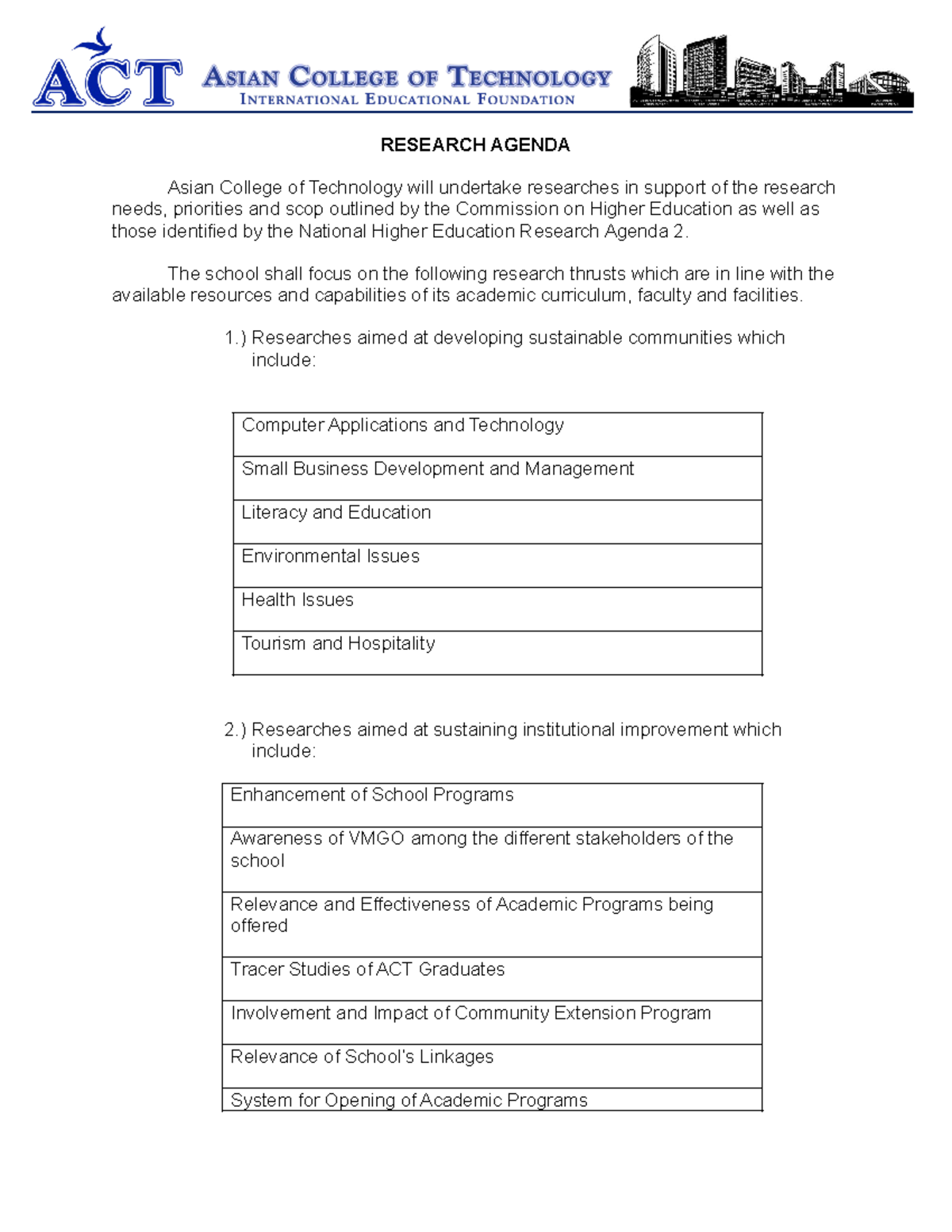 Research-Agenda - it will help you - RESEARCH AGENDA Asian College of ...