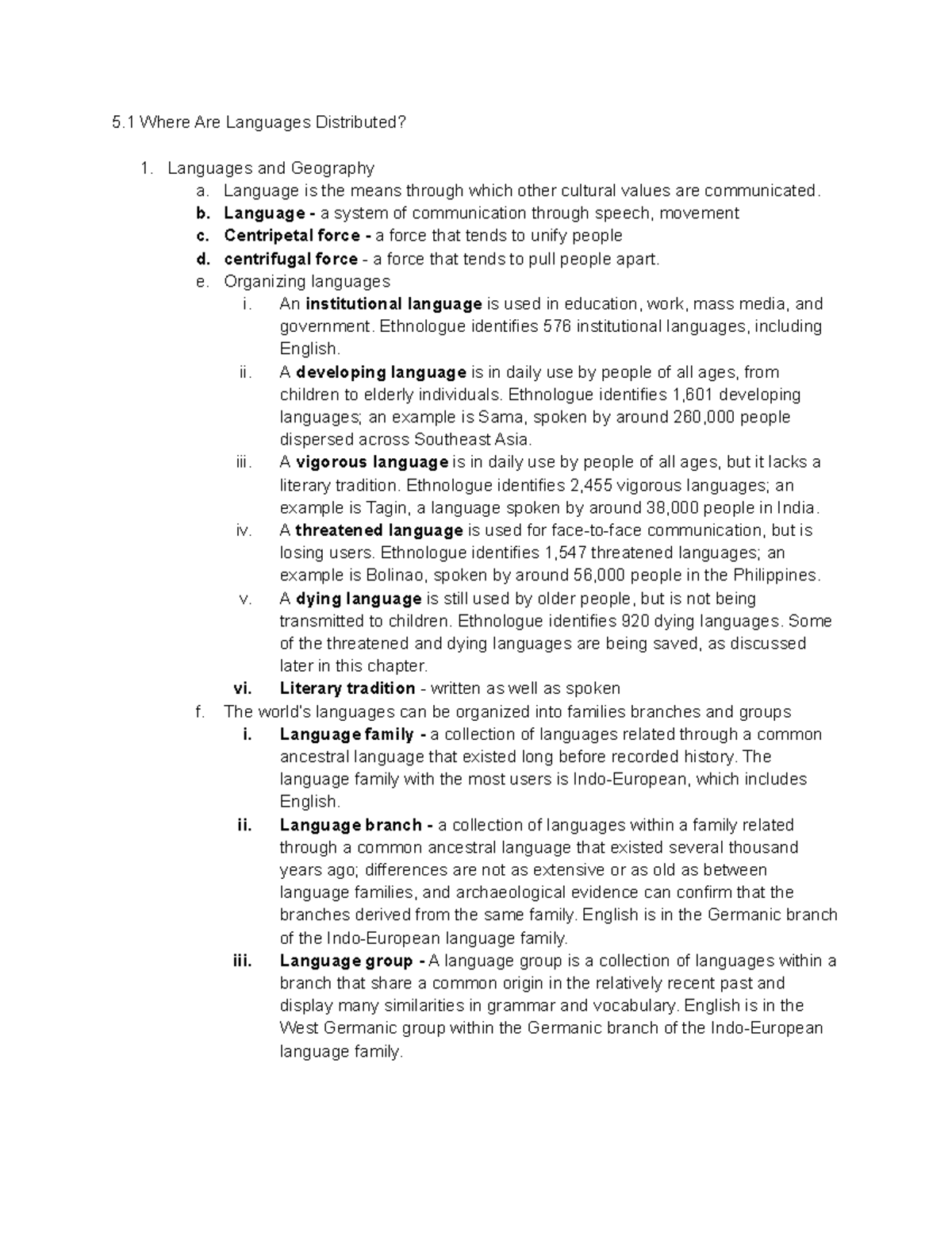 APHu G Chapter 5 Notes - 5 Where Are Languages Distributed? Languages ...