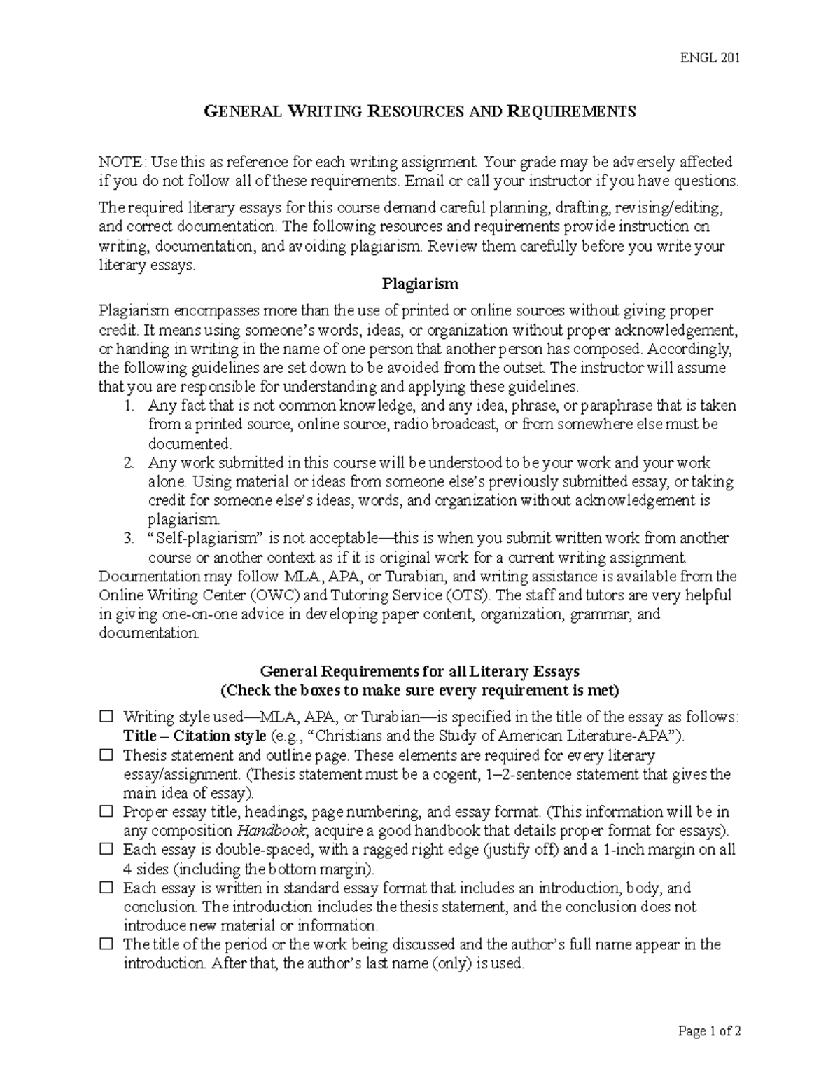 General Writing Resources and Requirements - ENGL 201 GENERAL WRITING ...