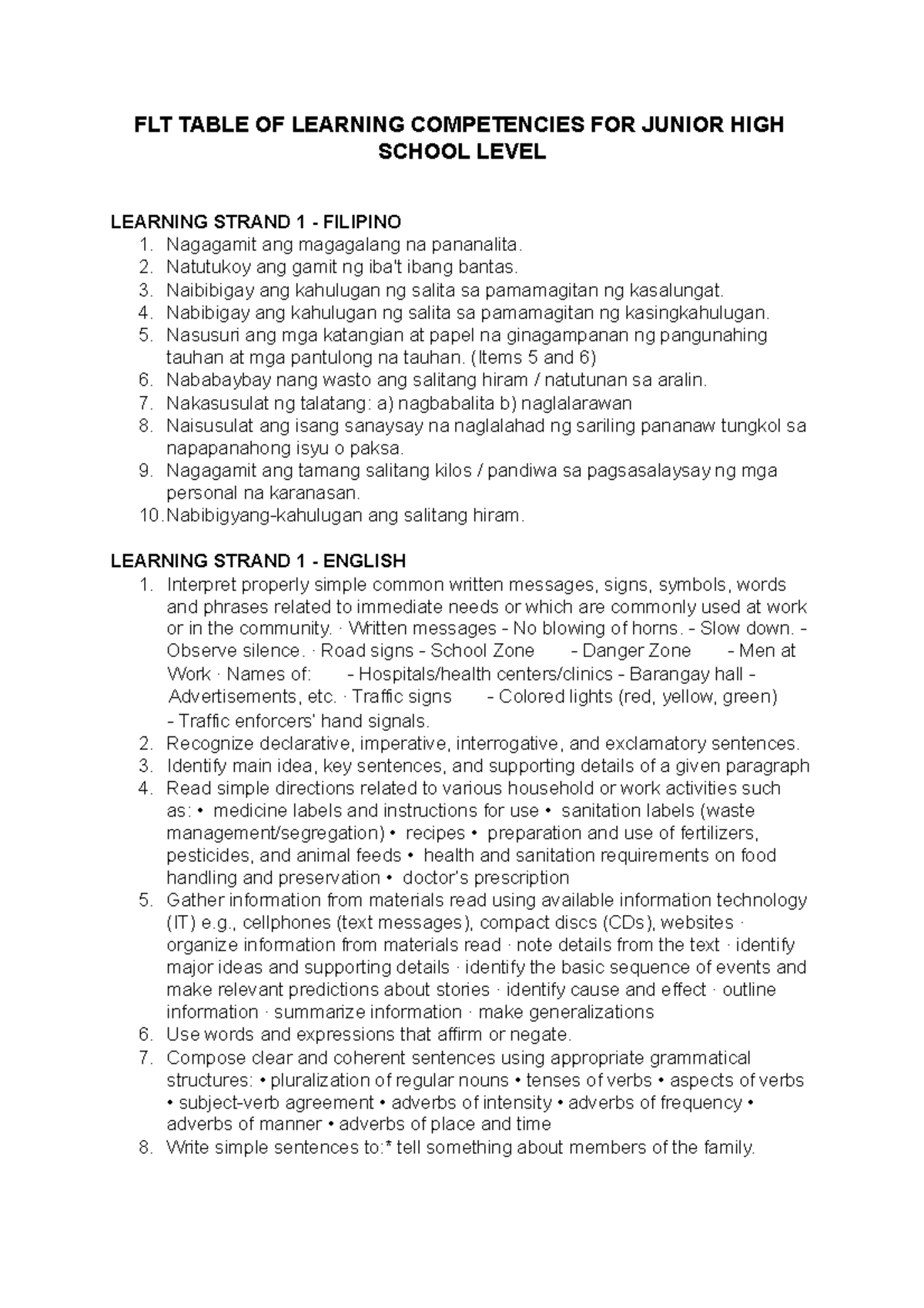Learning Competencies and application - FLT TABLE OF LEARNING ...