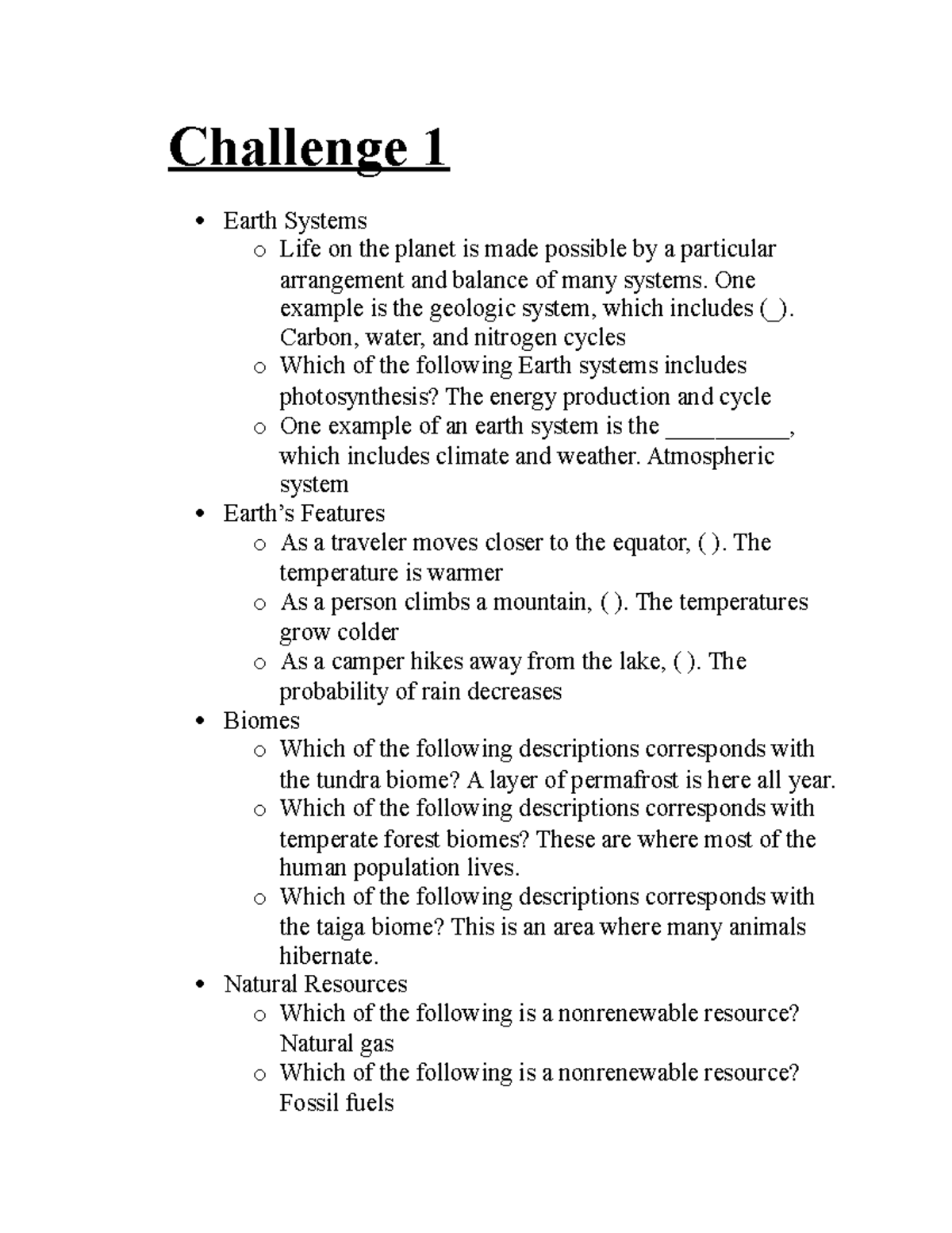 Challenge 1 - Environmental Science - Challenge 1 Earth Systems o Life ...