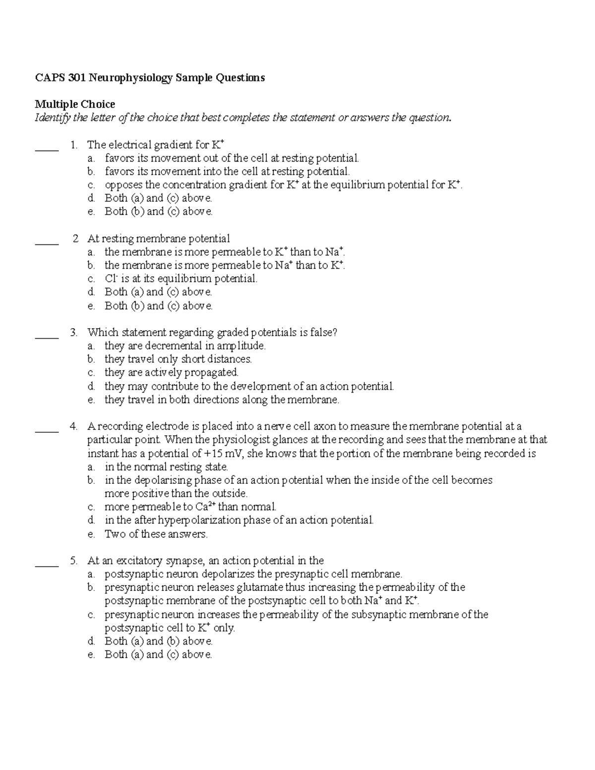 CAPS 301 Neurophys and CNS Quiz Questions Fall 2019 - CAPS 301 ...