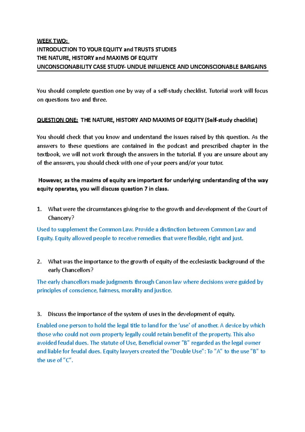 LLB205 Tutorial Week 2 - WEEK TWO: INTRODUCTION TO YOUR EQUITY and TRUSTS STUDIES THE NATURE ...
