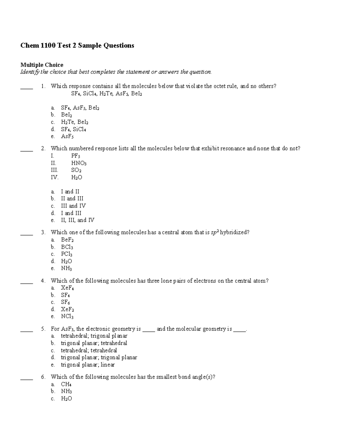 Chem1100Pretest 2Fall2019 - Chem 1100 Test 2 Sample Questions Multiple ...