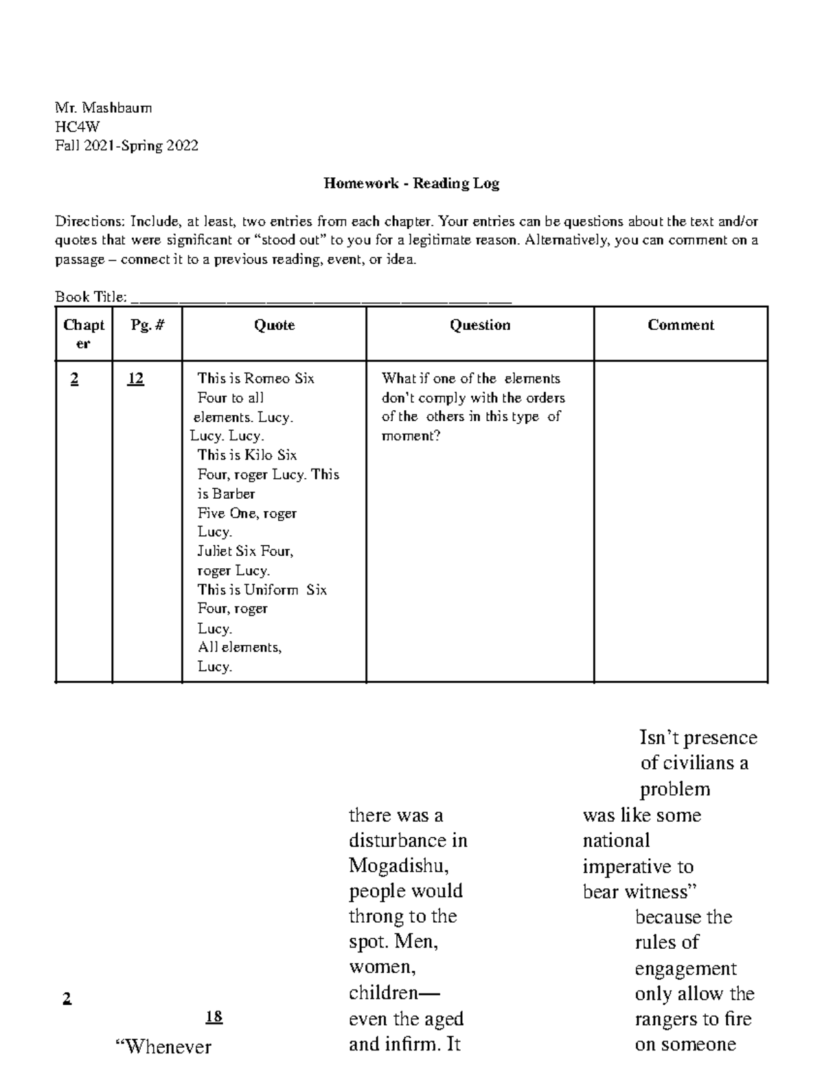 HC4W Reading Log - Mr. Mashbaum HC4W Fall 2021-Spring 2022 Homework ...