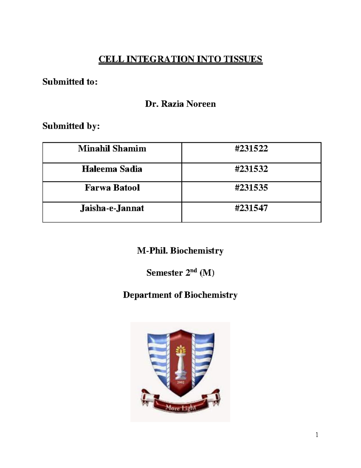 Cell integration into Tissues - CELL INTEGRATION INTO TISSUES Submitted ...