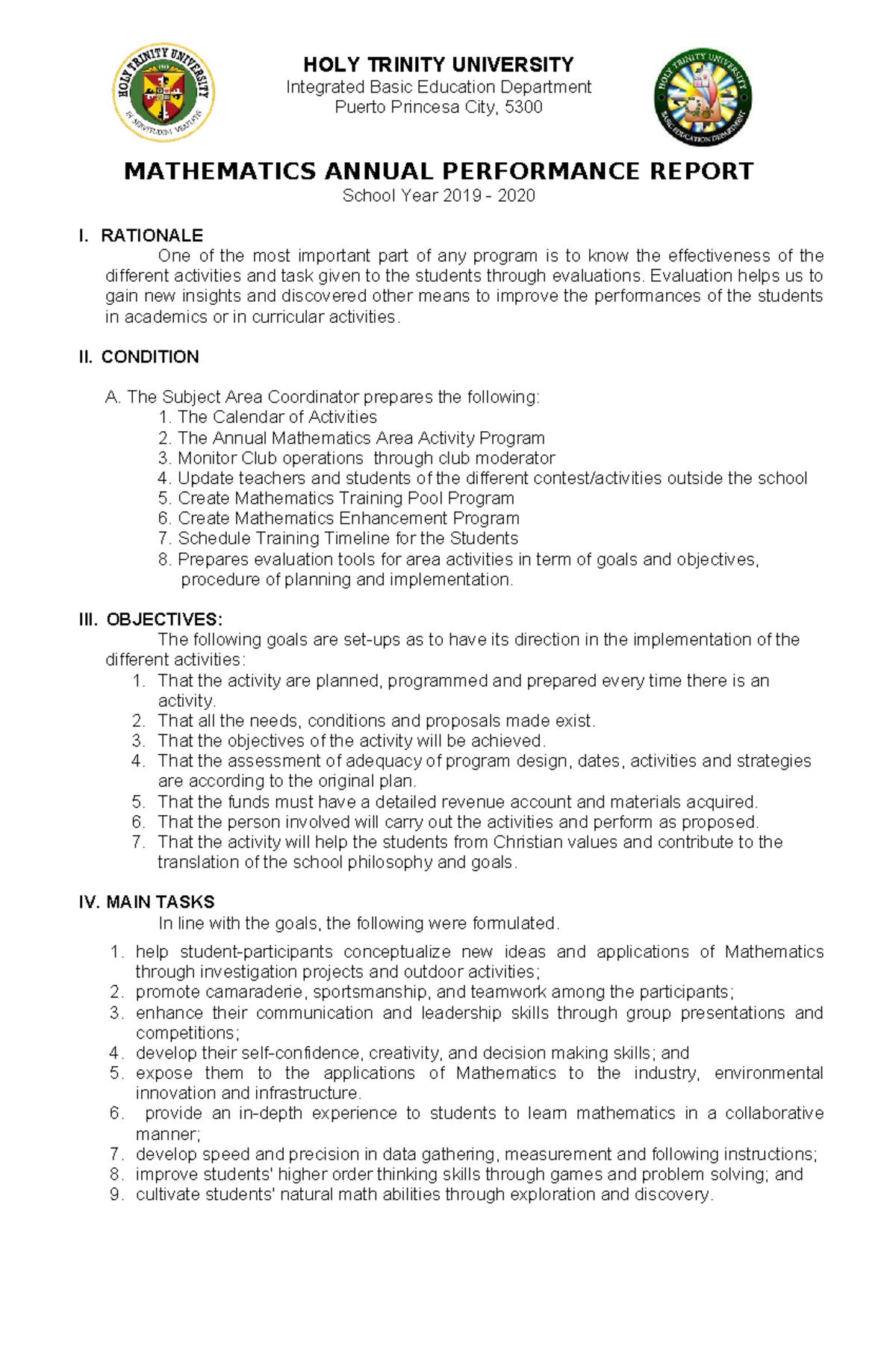 MATH Annual Performance Report - HOLY TRINITY UNIVERSITY Integrated ...