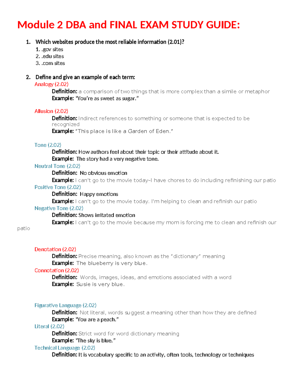 NEWModule 2DBAand Finalexamstudyguide 1 - Module 2 DBA and FINAL EXAM ...