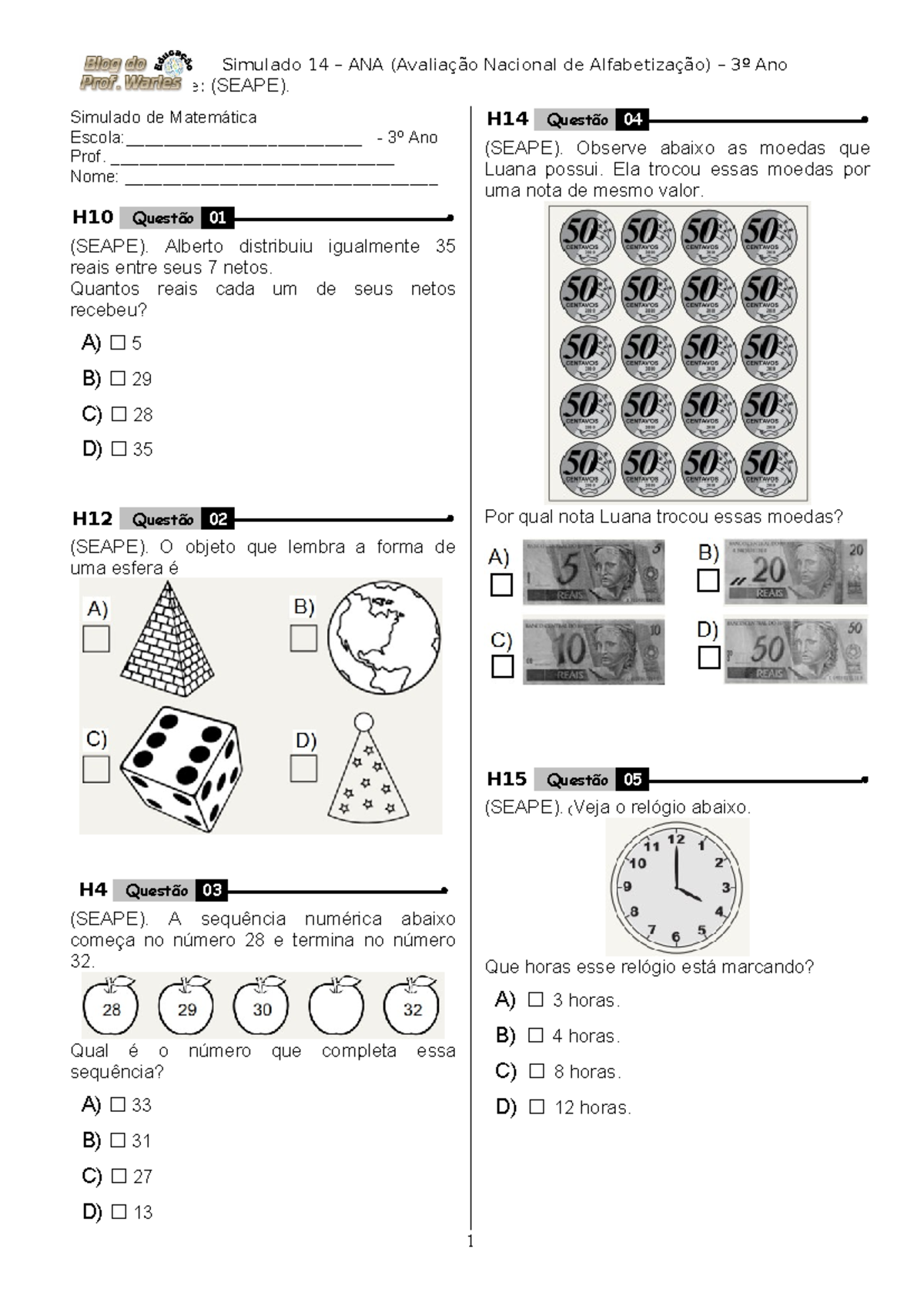 Simulado 14 ( 3º Ano - Mat - E.F) - (Blog do Prof. Warles) - Simulado ...