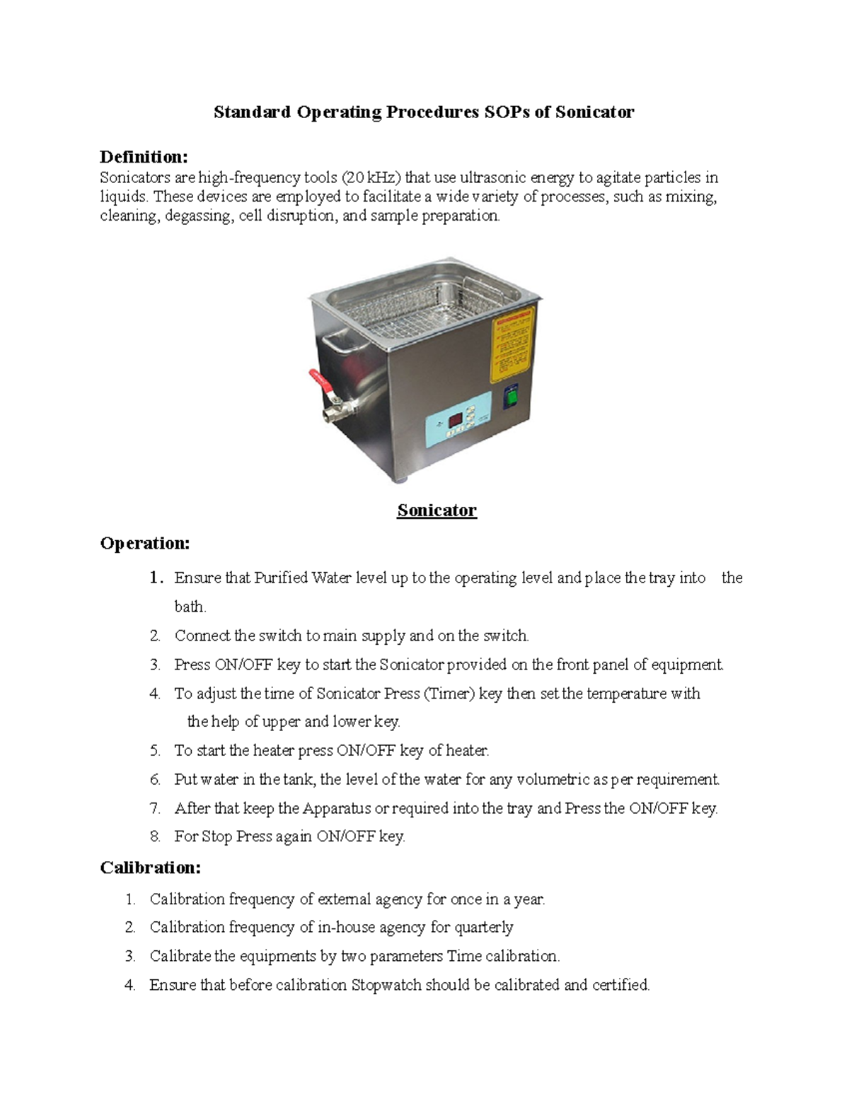 SOPs of Sonicator - Standard Operating Procedures SOPs of Sonicator ...