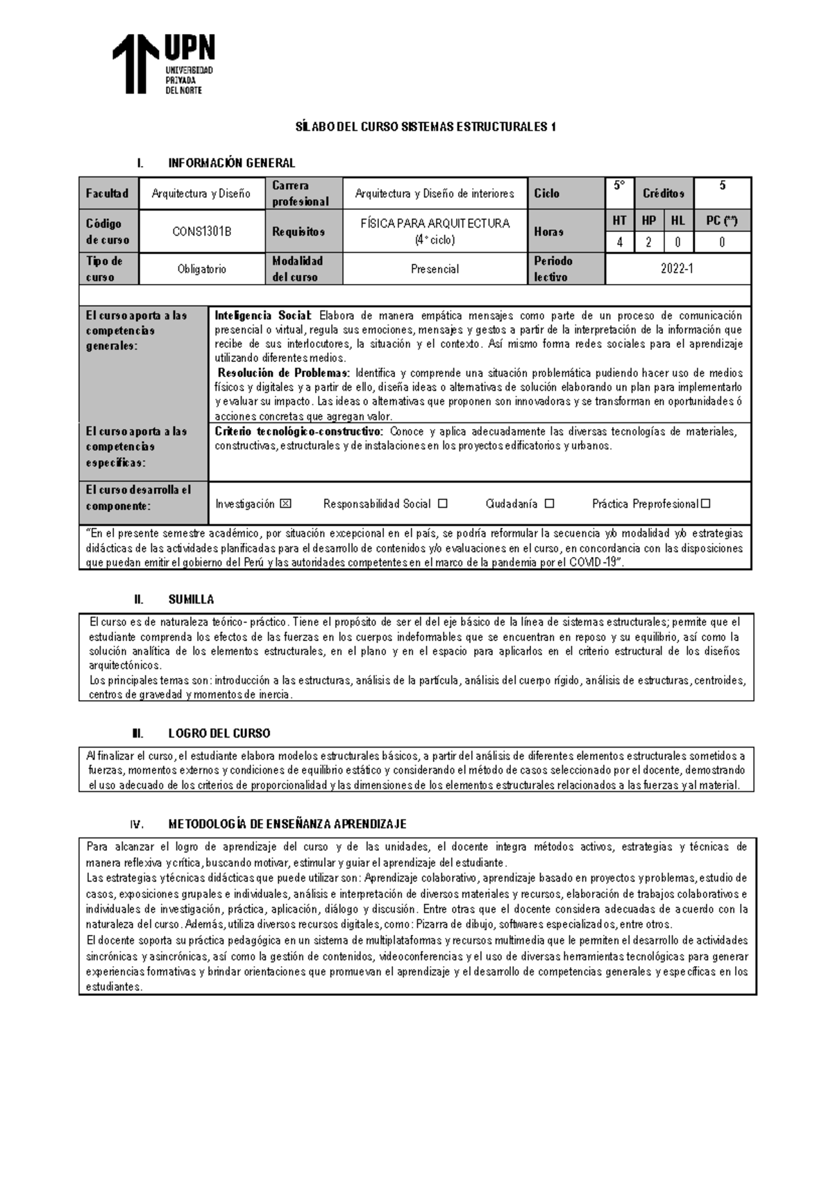 Silabo de sist estructurales - SÍLABO DEL CURSO SISTEMAS ESTRUCTURALES ...