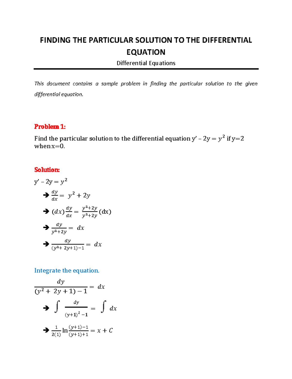 Finding the Particular Solution to the Differential Equation Problem 1 - FINDING THE PARTICULAR ...