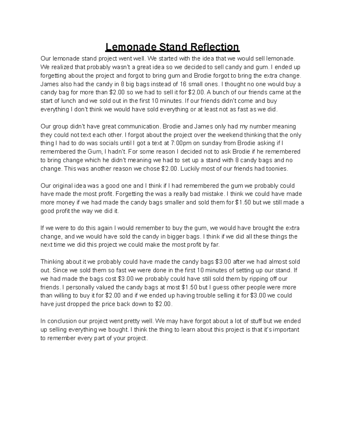 Lemonade stand reflextion - Lemonade Stand Reflection Our lemonade ...