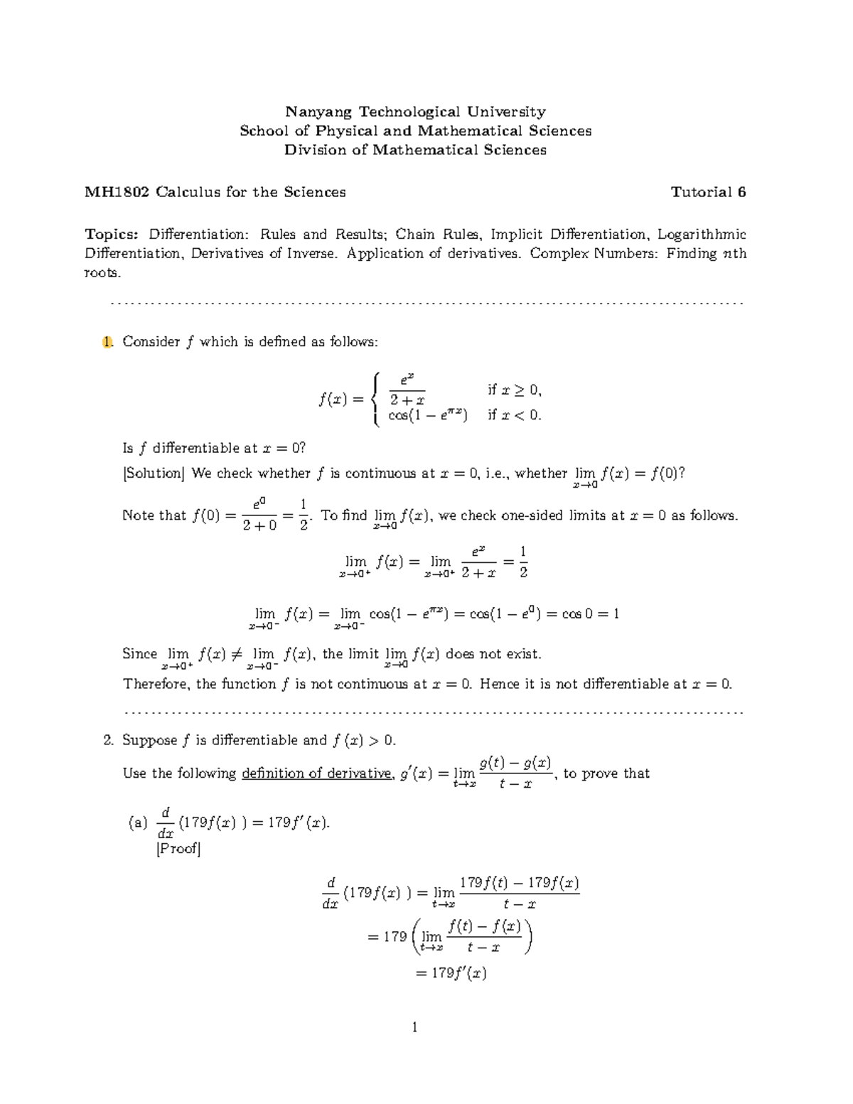 Tutorial 6 solutions - Nanyang Technological University School of Physical and Mathematical ...