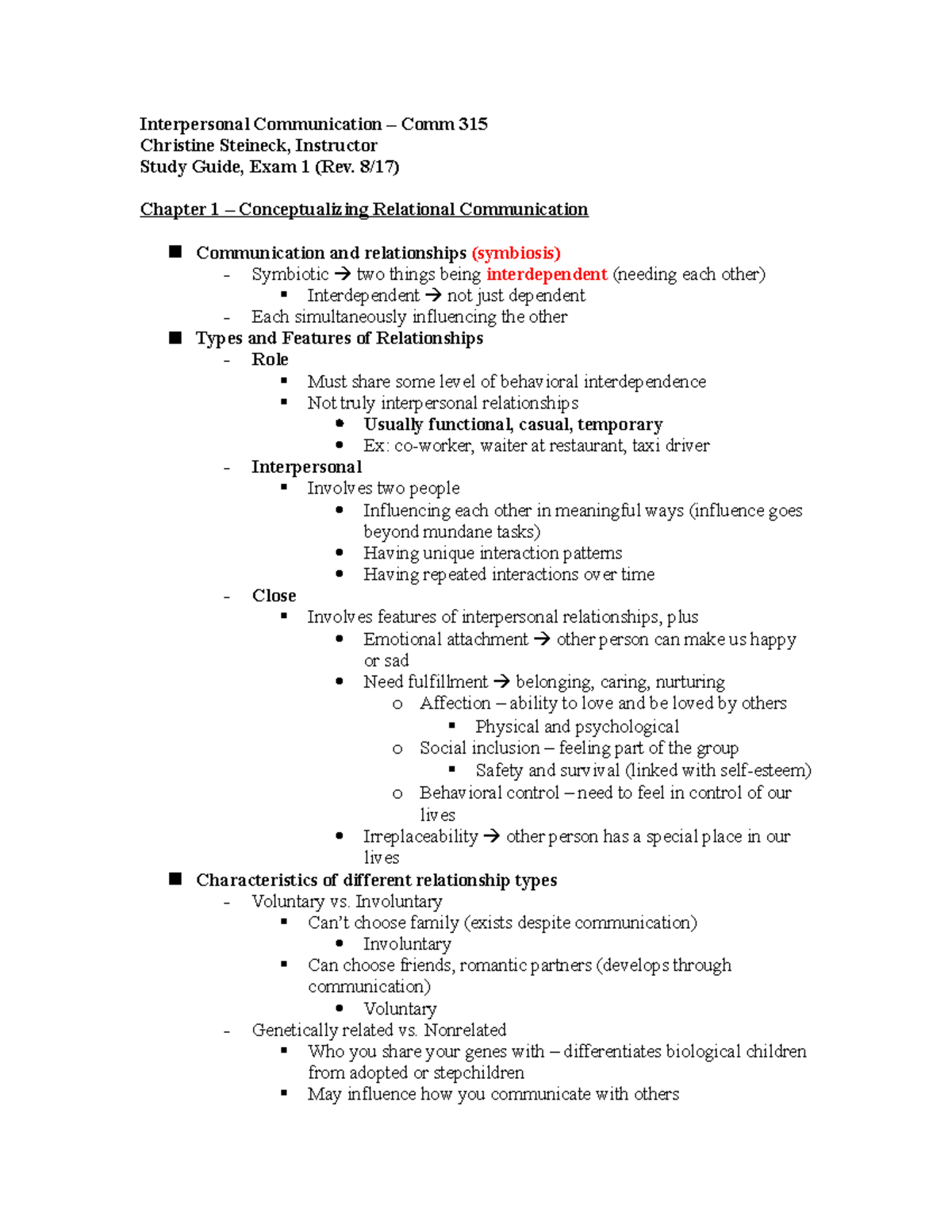 Study Guide Exam 1 - Interpersonal Communication – Comm 315 Christine ...
