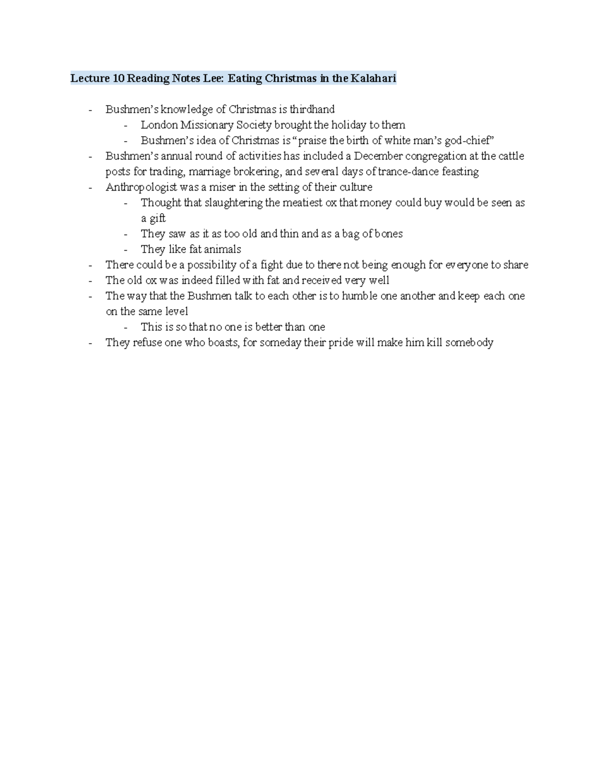 ANT 10CD Lecture 10 Reading Notes Lee Eating Christmas in the Kalahari ...