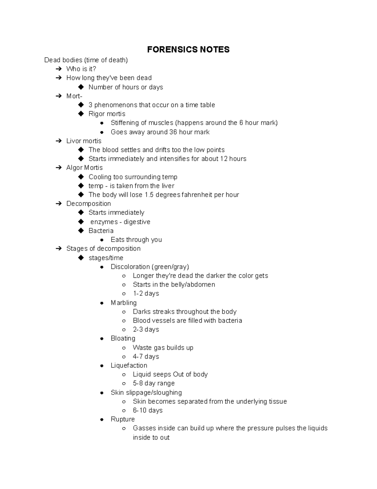 Forensics notes - FORENSICS NOTES Dead bodies (time of death) Who is it ...