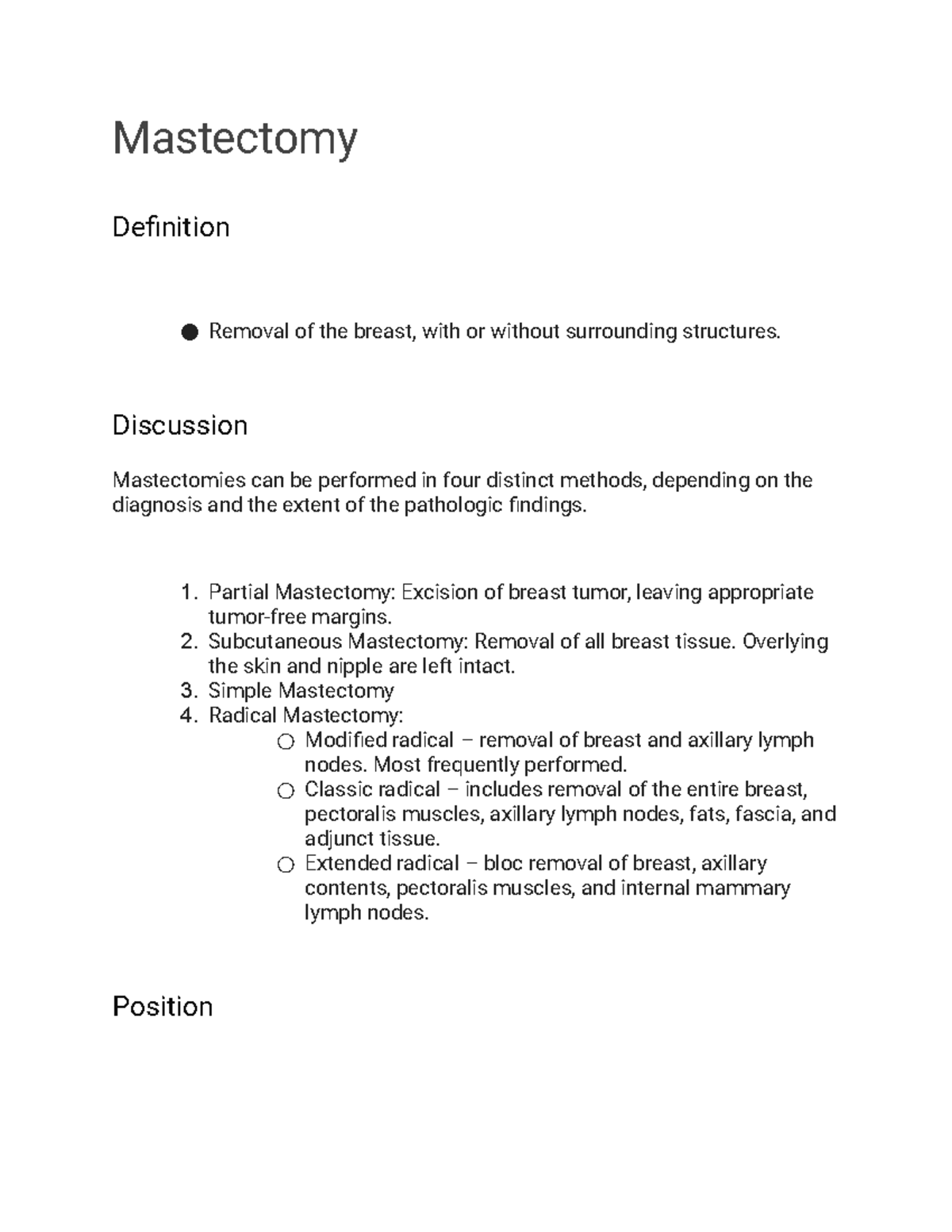 Mastectomy - Medical-Surgical Nursing II Instructor lecture notes ...