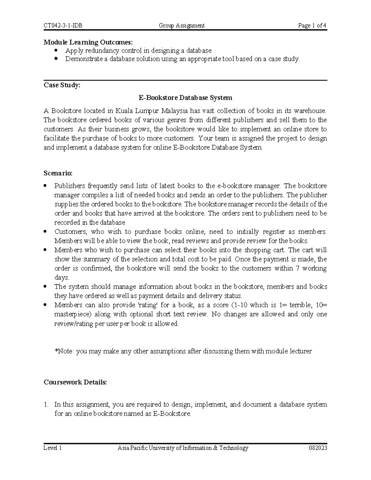 IDB Assignment Question - Intake 2303 - Module Learning Outcomes: Apply redundancy control in ...