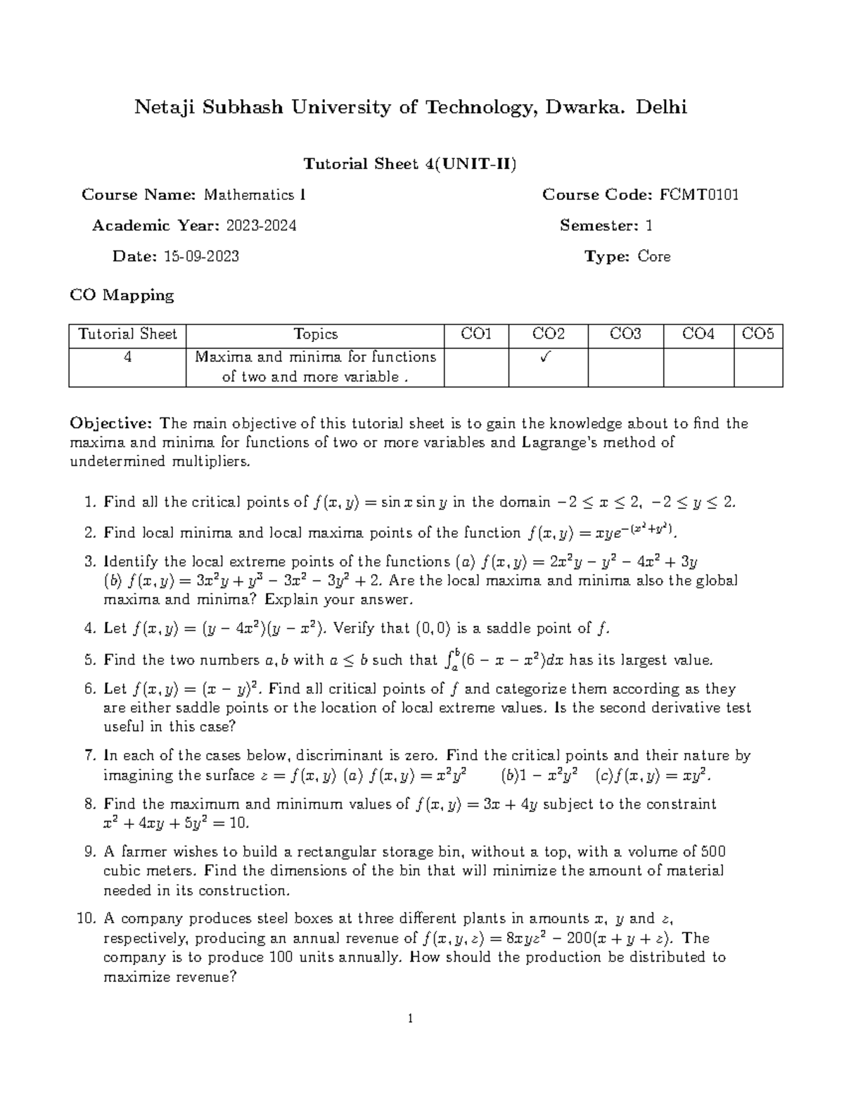 Tutsheet 4 Maxima And Minima For Functions Of Two And More Variable Netaji Subhash