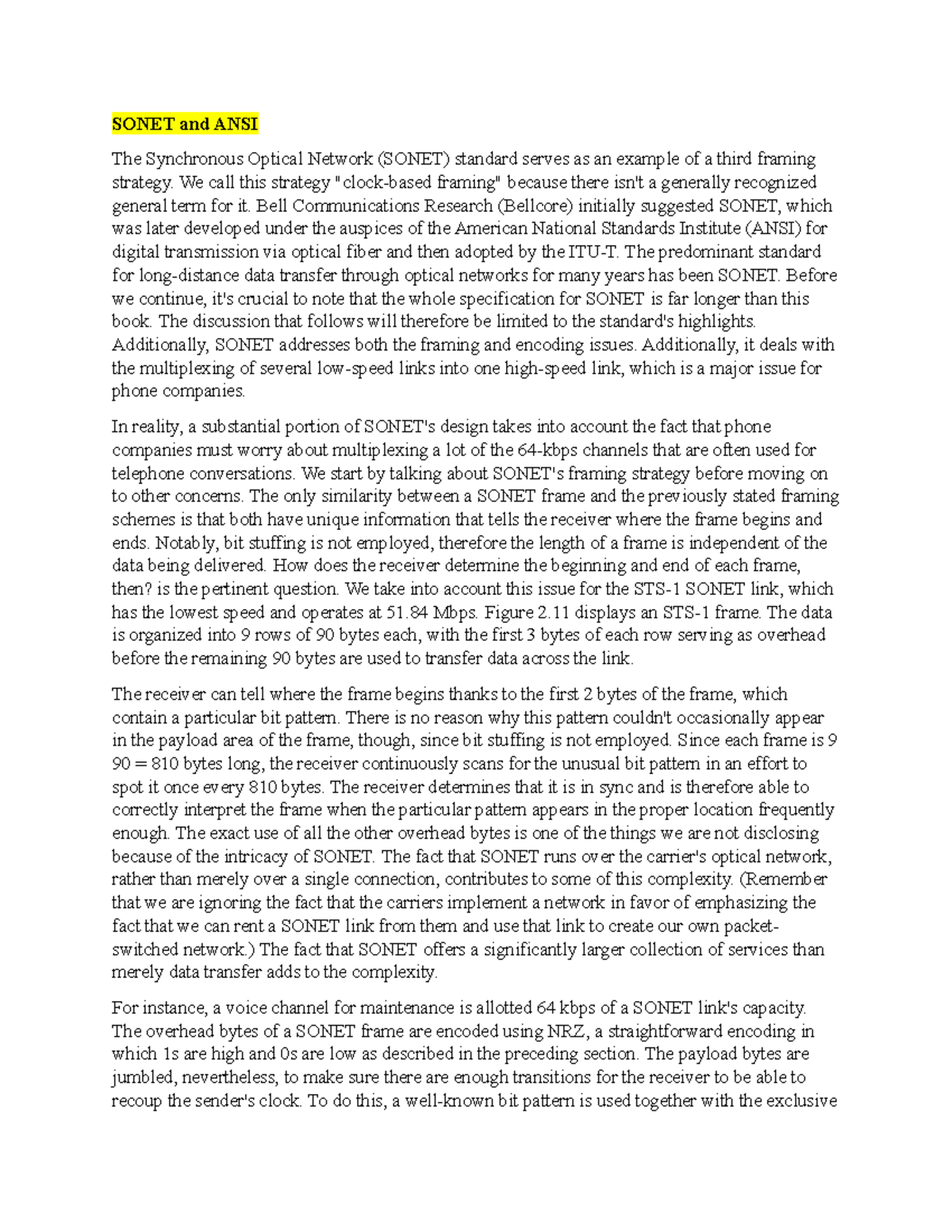 Sonet and ANSI - SONET and ANSI The Synchronous Optical Network (SONET ...