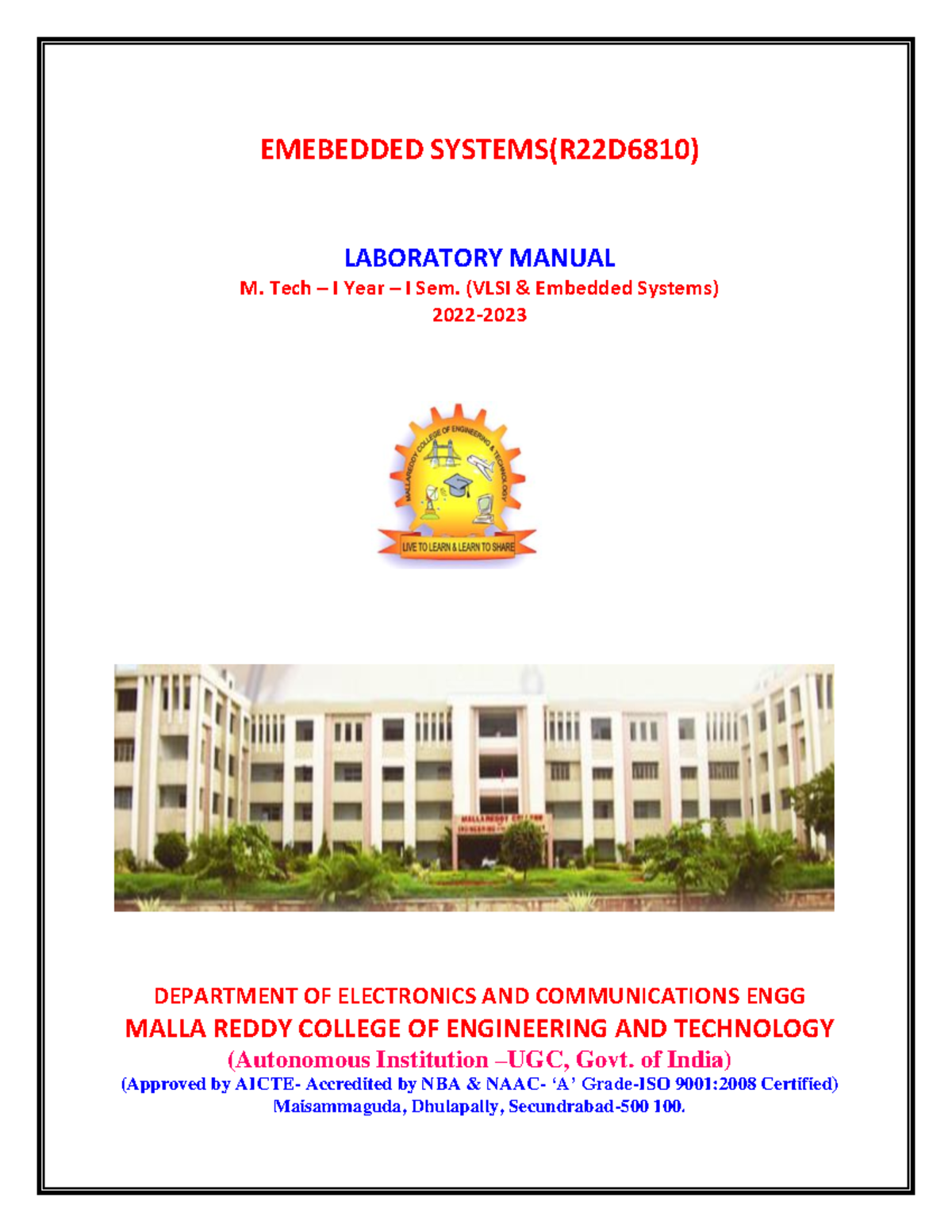 Embedded Systems LAB Manual-SEM-I - EMEBEDDED SYSTEMS(R22D6810 ...