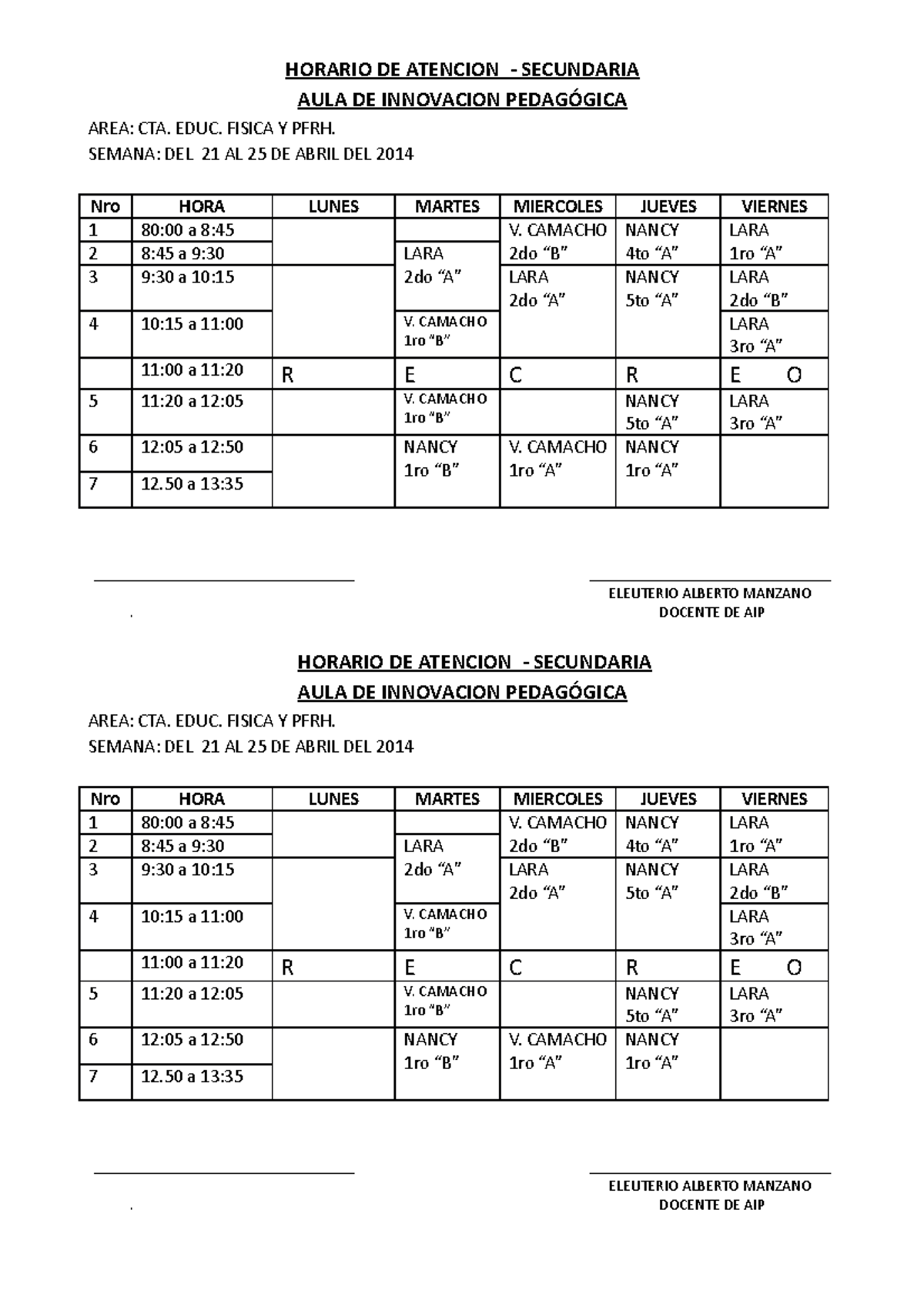 Horario DE Atencion Abril 2DA SEM - HORARIO DE ATENCION - SECUNDARIA AULA DE INNOVACION ...