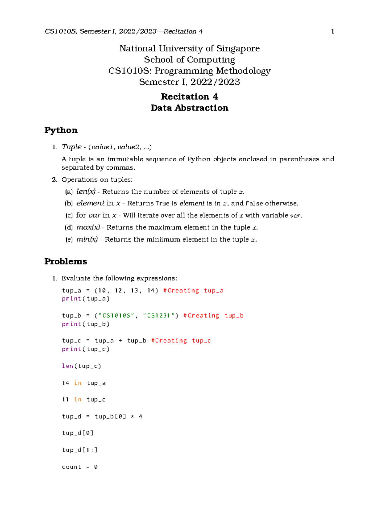 Rec04 Recitations Questions For Cs1010s National University Of Singapore School Of Computing