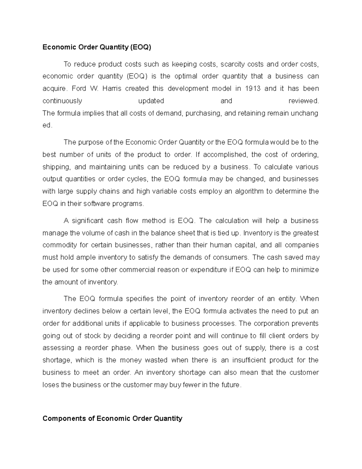 Economic Order Quantity (EOQ) - Ford W. Harris created this development ...