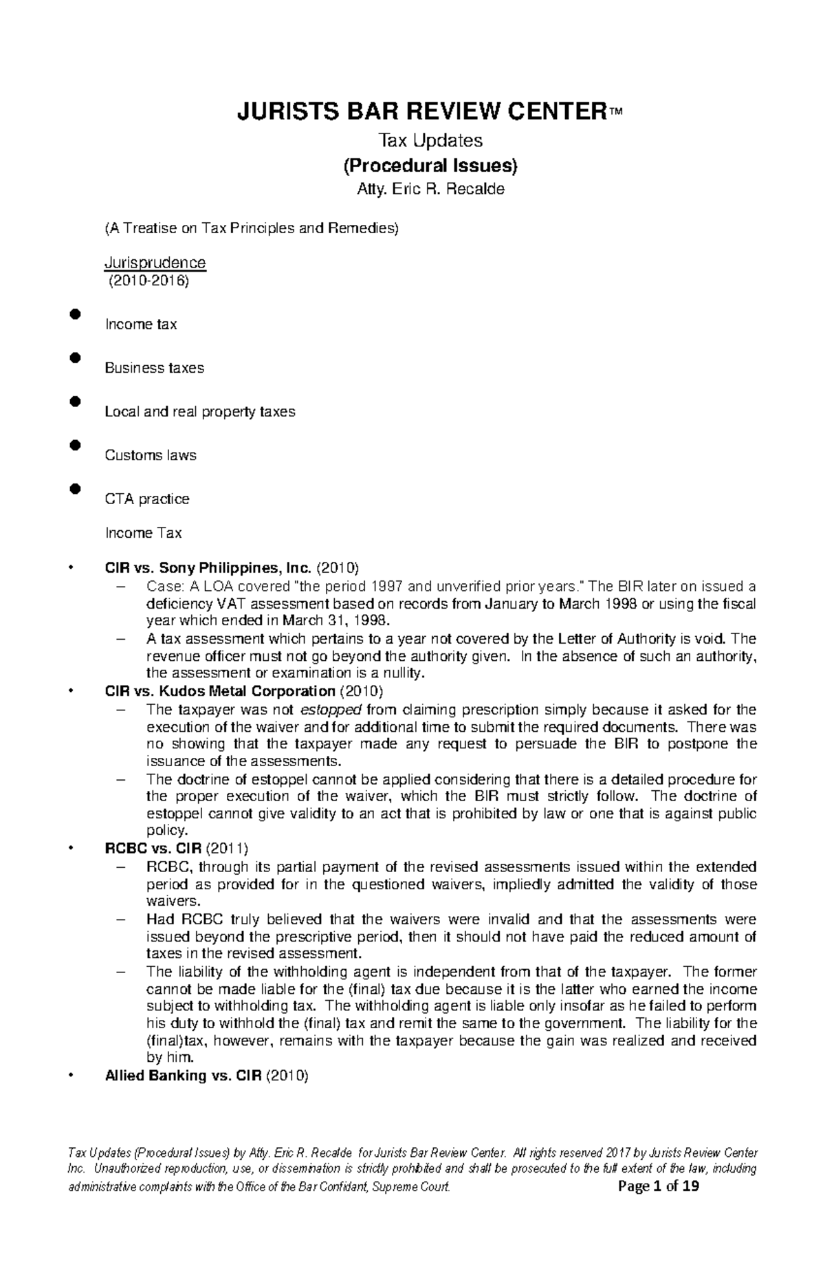 Tax Updates (Procedural Issues) by Atty. Eric Recalde - Tax Updates ...