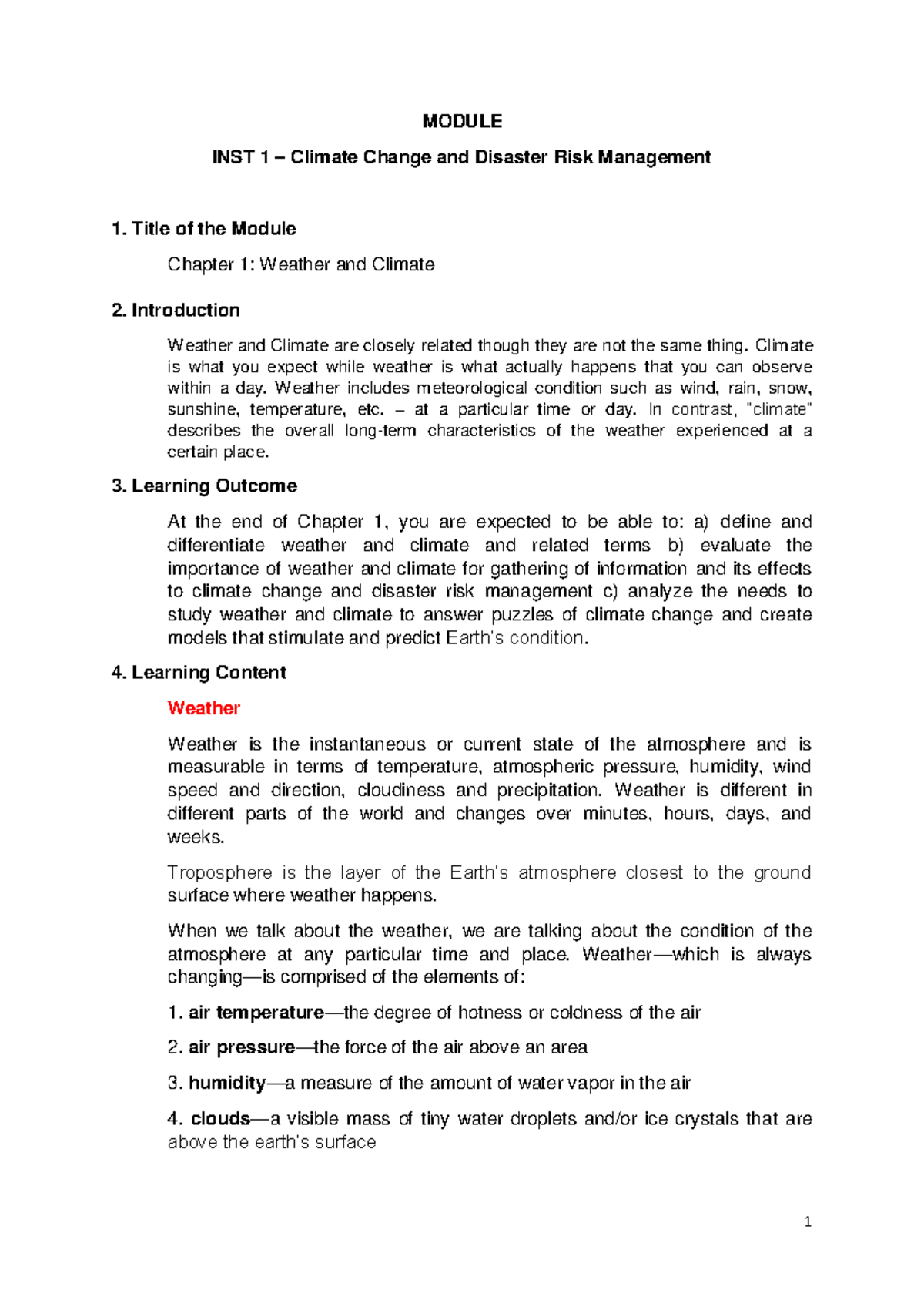 Module for Climate Change Chapter 1- Weather and Climate - MODULE INST ...