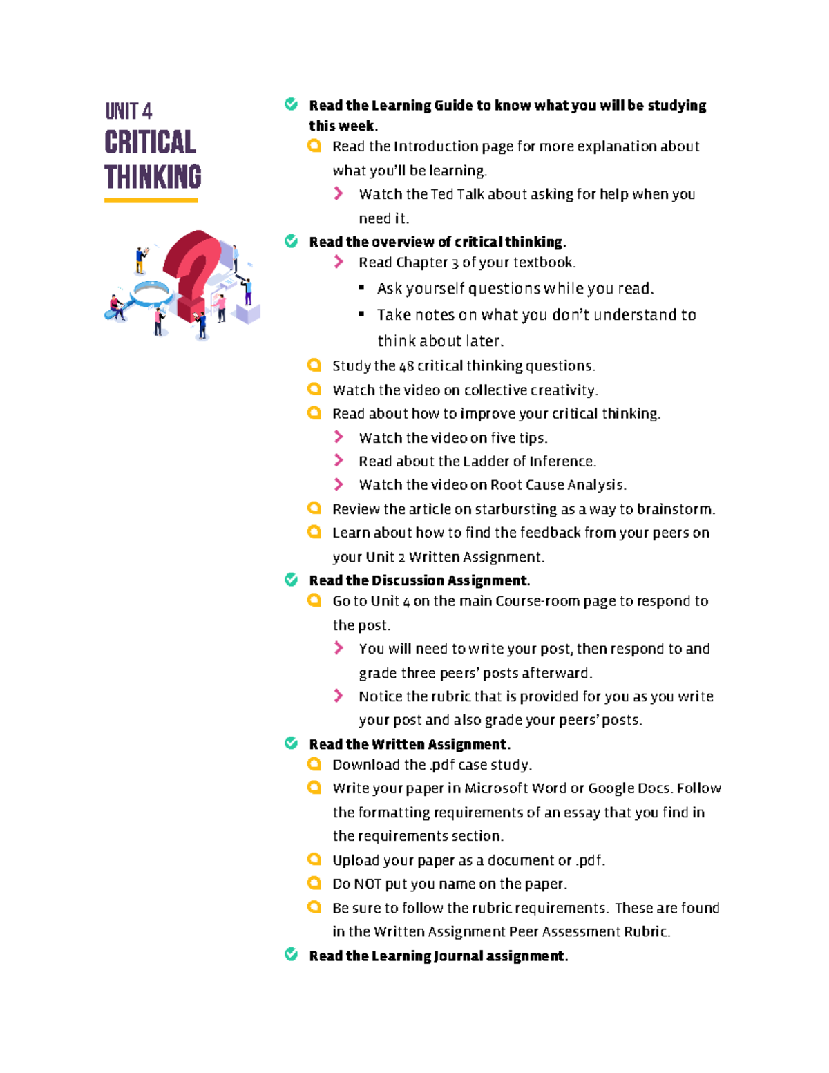 UNIV 1001 Weekly Checklist unit4 - Unit 4 Critical Thinking Read the ...