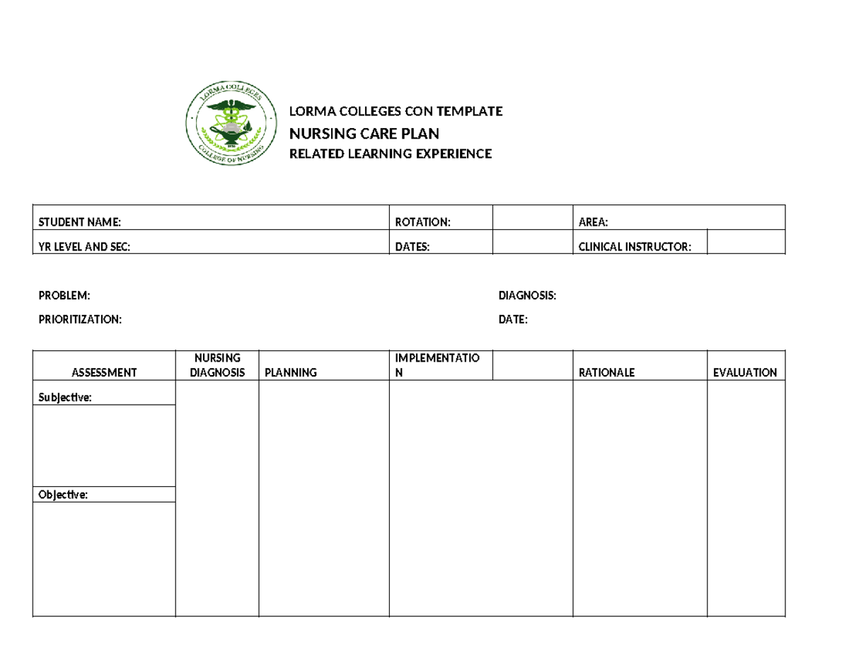 NCP form - NONE - LORMA COLLEGES CON TEMPLATE NURSING CARE PLAN RELATED ...