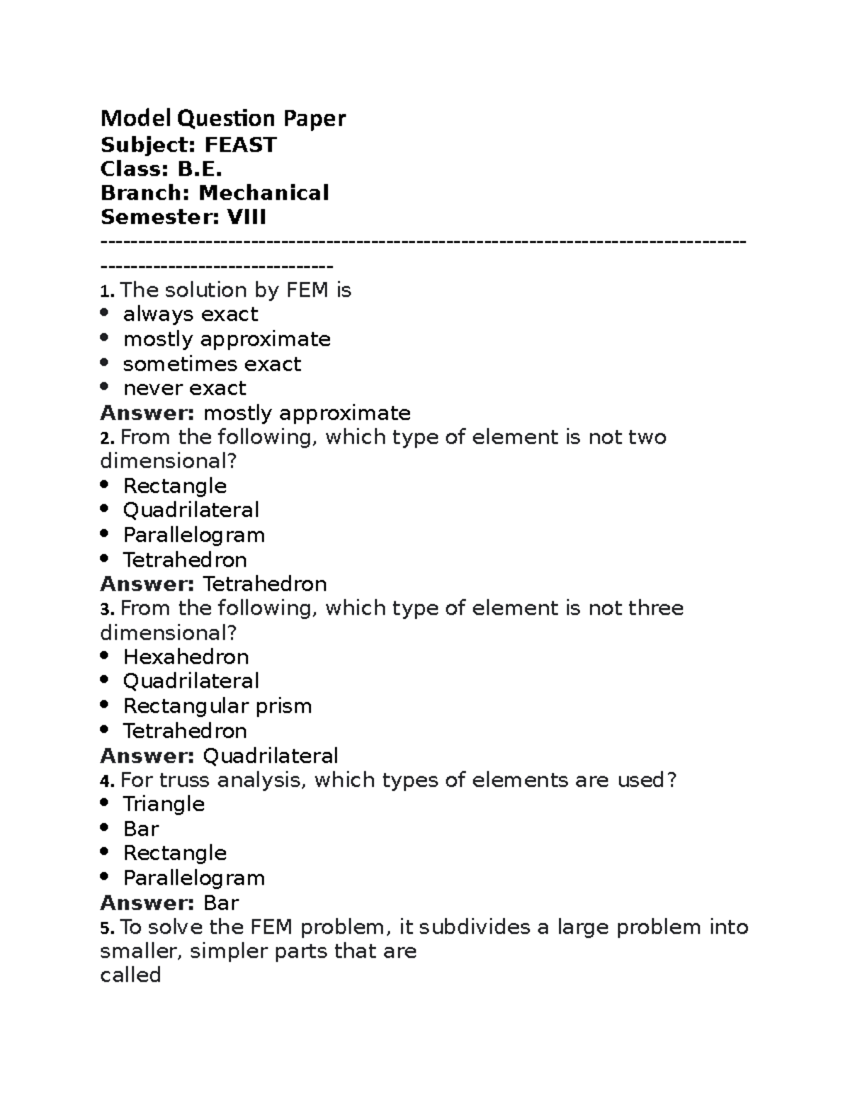 FEA MCQ ALL.docx - Model Question Paper Subject: FEAST Class: B. Branch ...