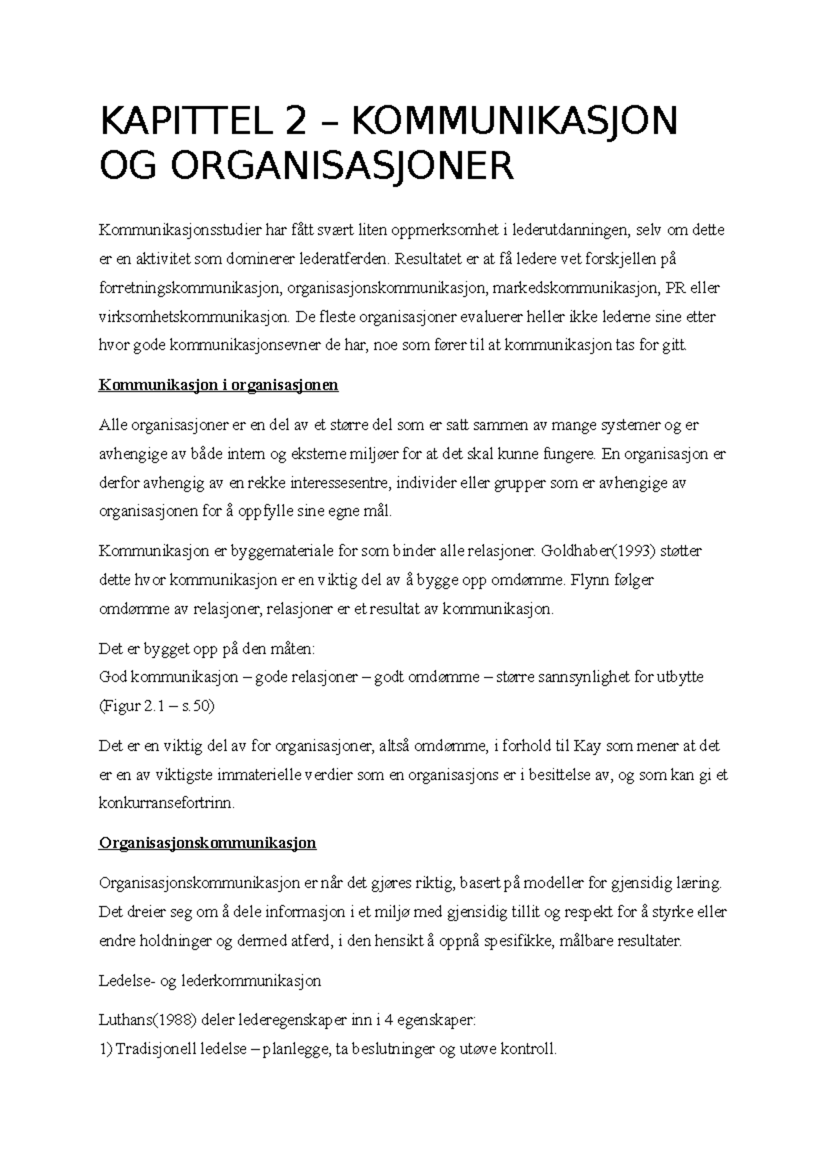 Sammendrag av kapittel 2 - kommunikasjon og organisasjoner i kommunikasjon og ledelse - KAPITTEL ...