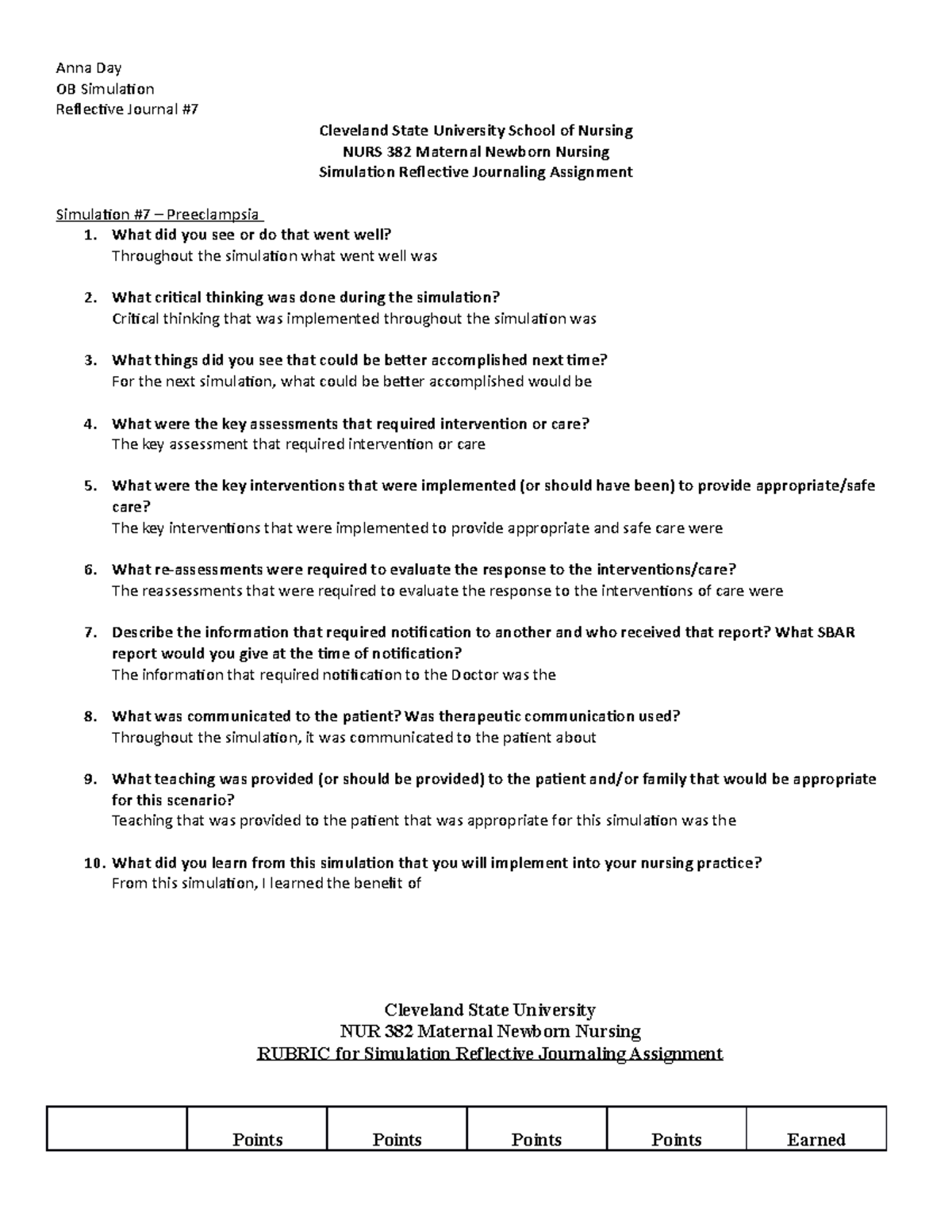 OB Post Sim Reflective Journal #6 - Anna Day OB Simulation Reflective Journal # Cleveland State ...