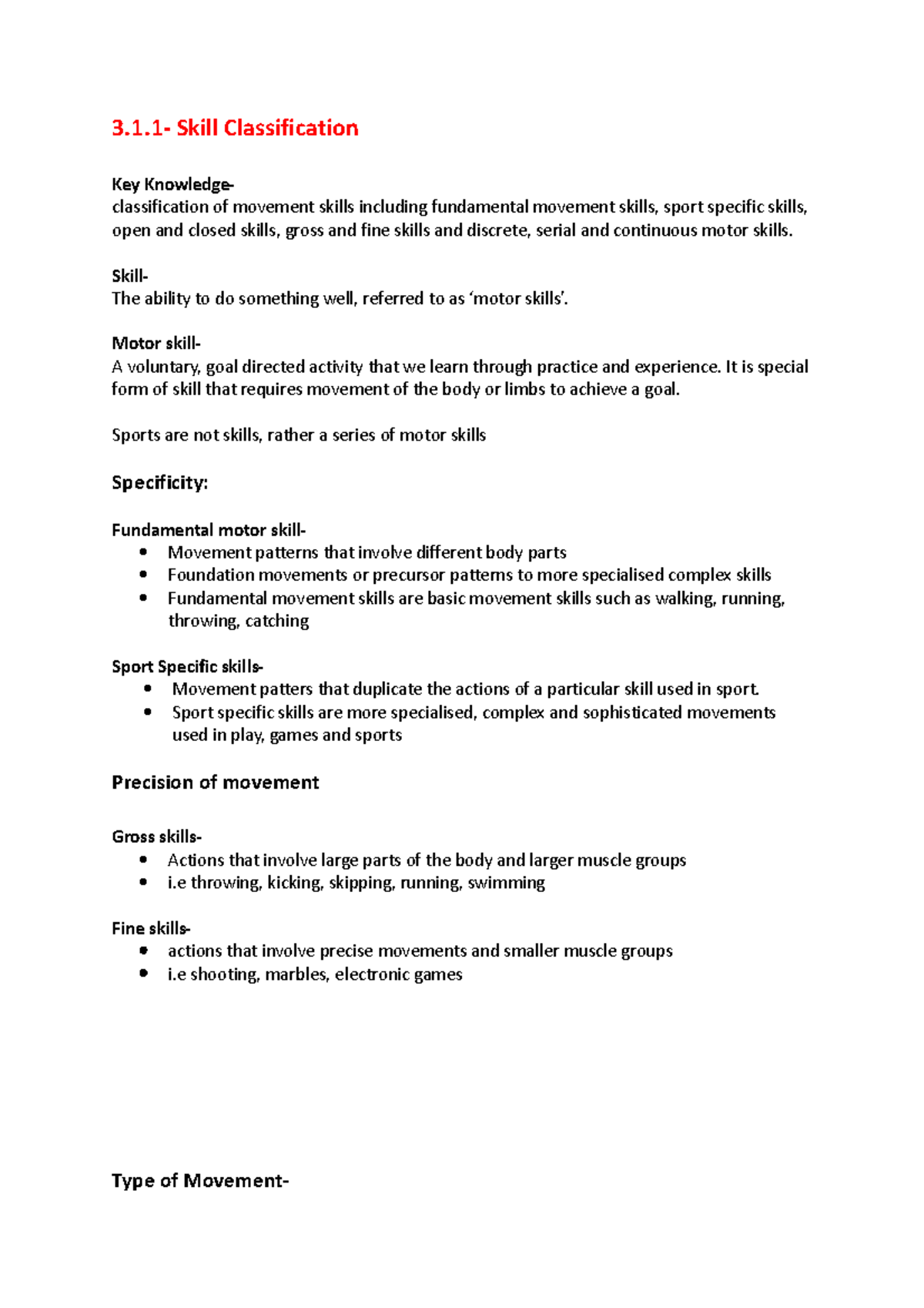 PE 3.1 notes - 3.1- Skill Classification Key Knowledge- classification ...