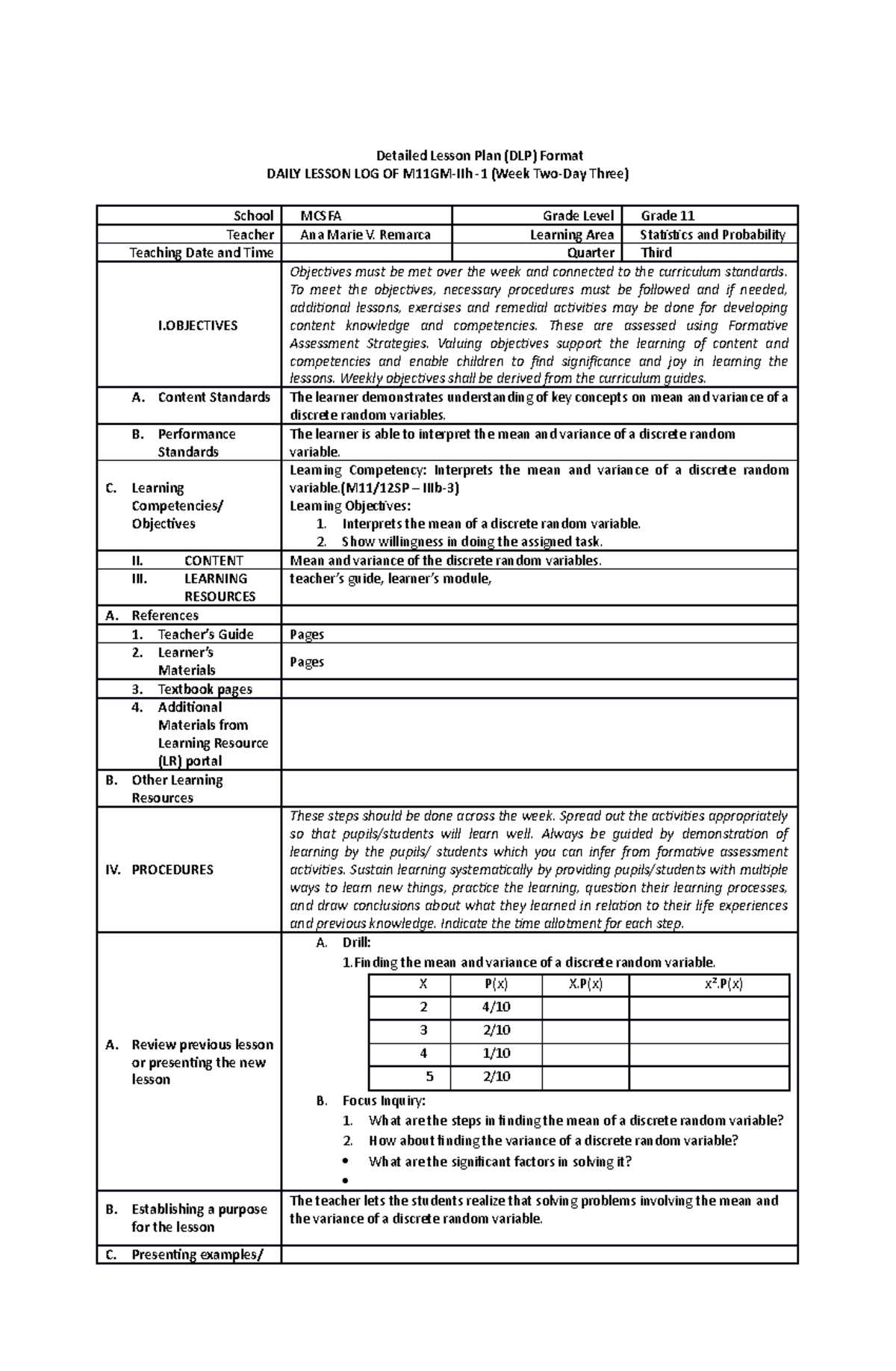 SP III-7 - lesson - Detailed Lesson Plan (DLP) Format DAILY LESSON LOG ...